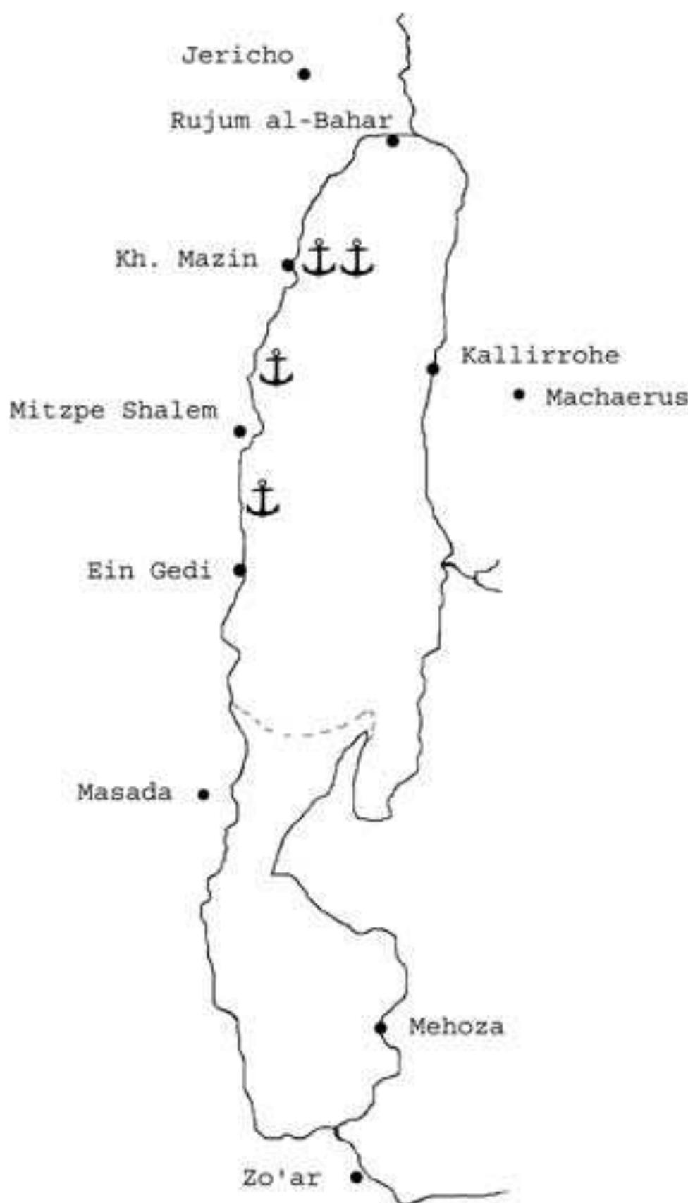 Dead sea map showing the sites of the new type anchors.