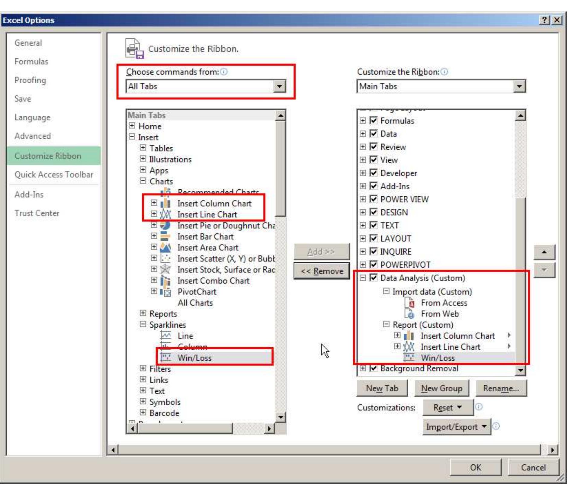 Having created the new tab and group we can add commands to