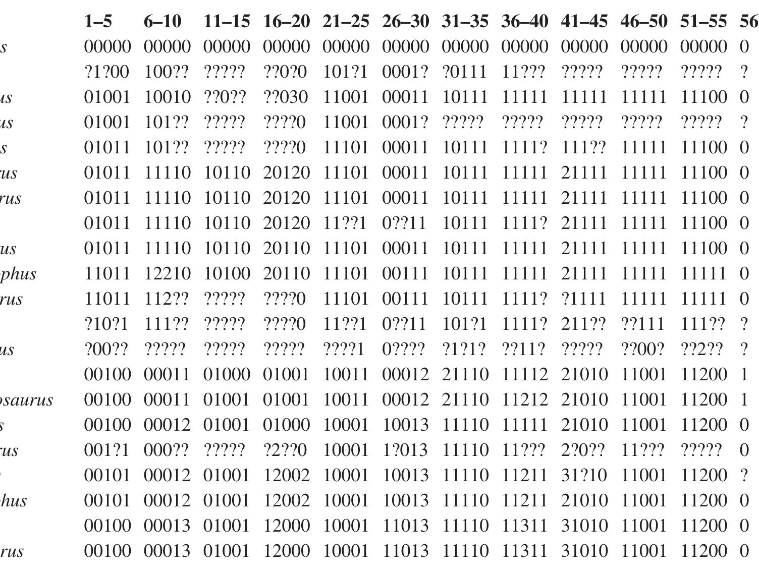 Character matrix used for the phylogenetic analysis of