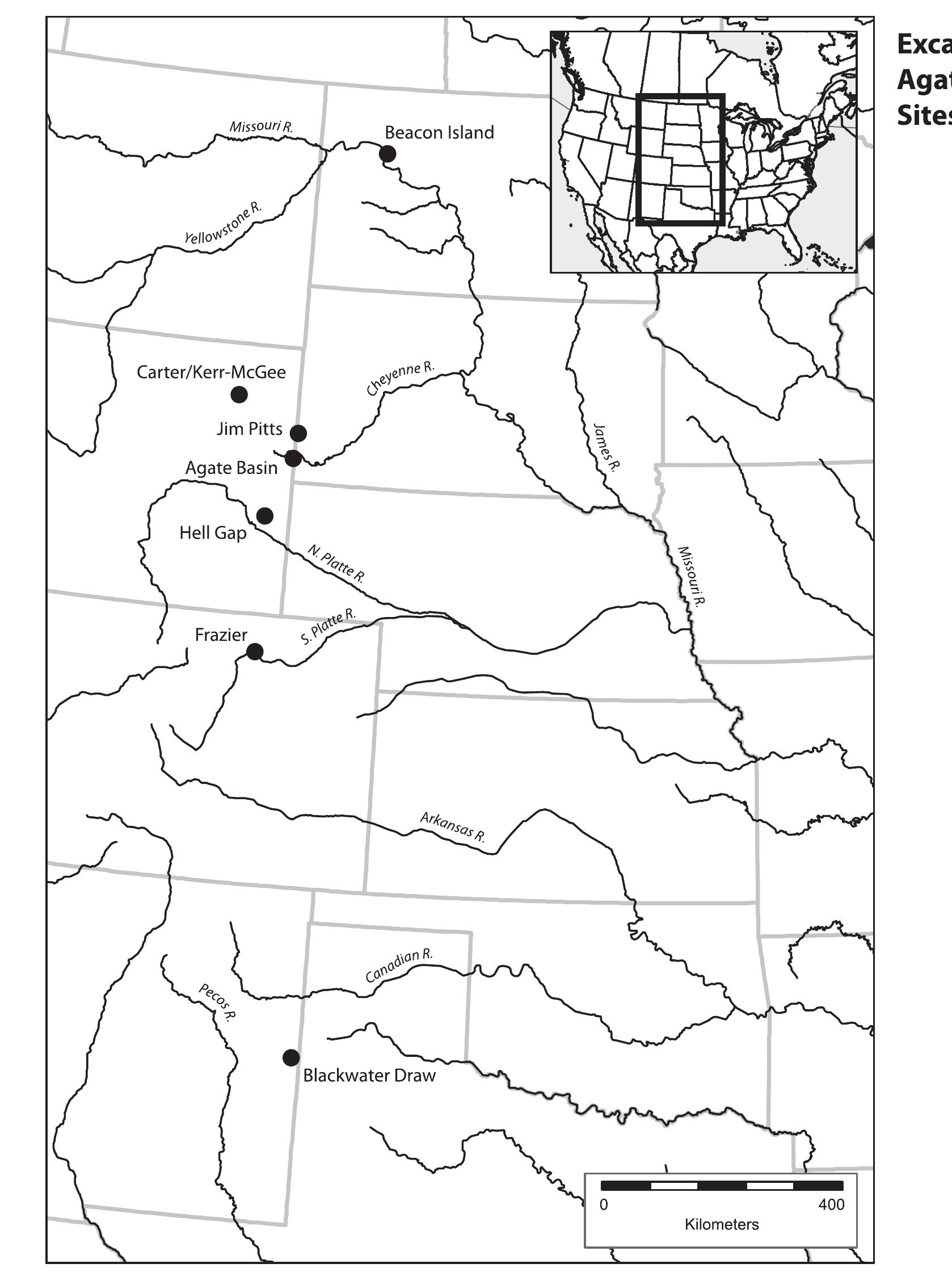 Map showing the locations of sites with excavated agate