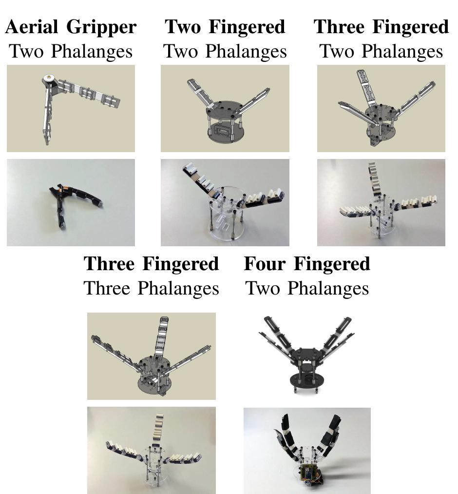 Different robot hand models and robot hands created with the