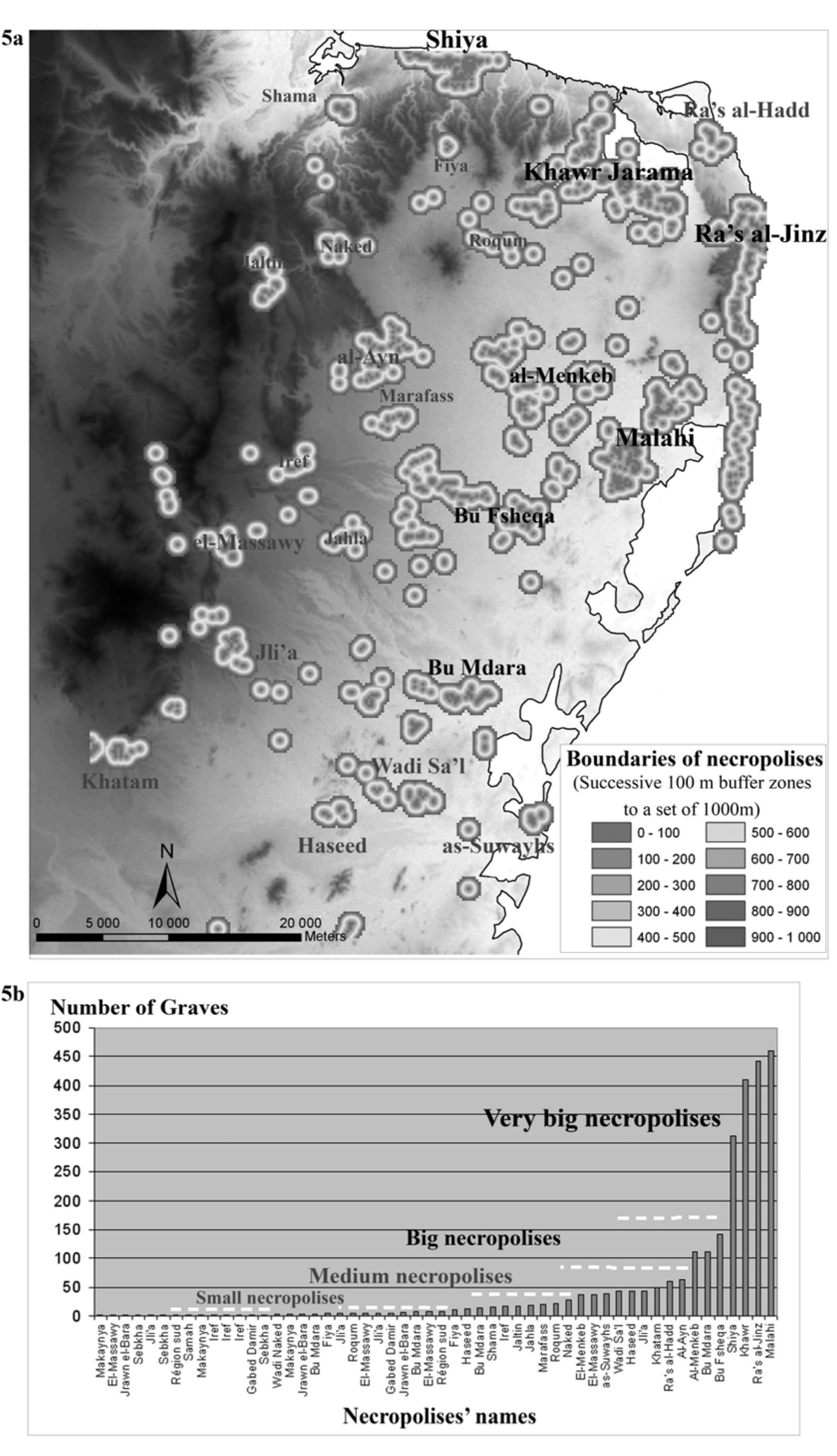 (a) map of necropolis boundaries and (b) of the five