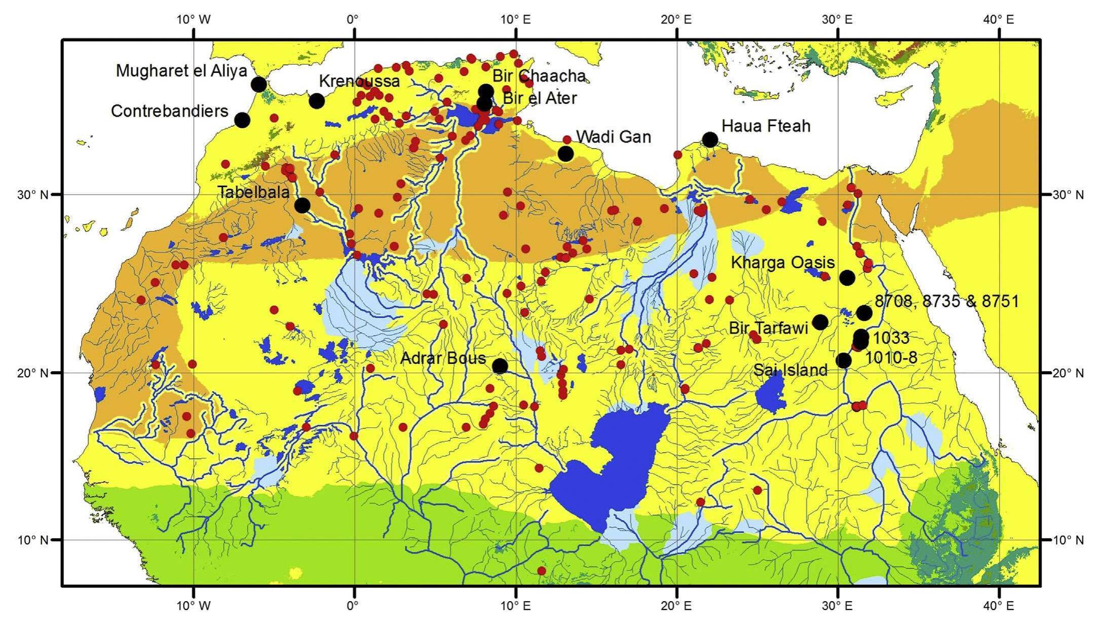 Mis 5 biome model of north africa with the locations of msa