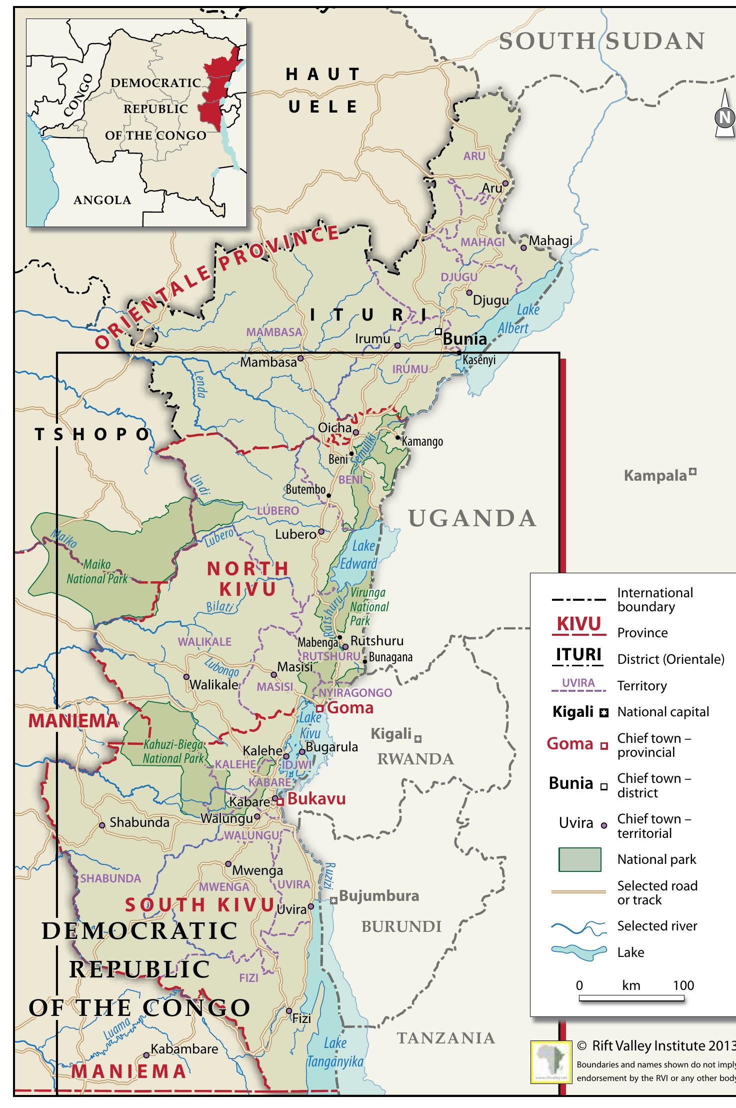 Map 1. the eastern drc, showing area of detailed map on the