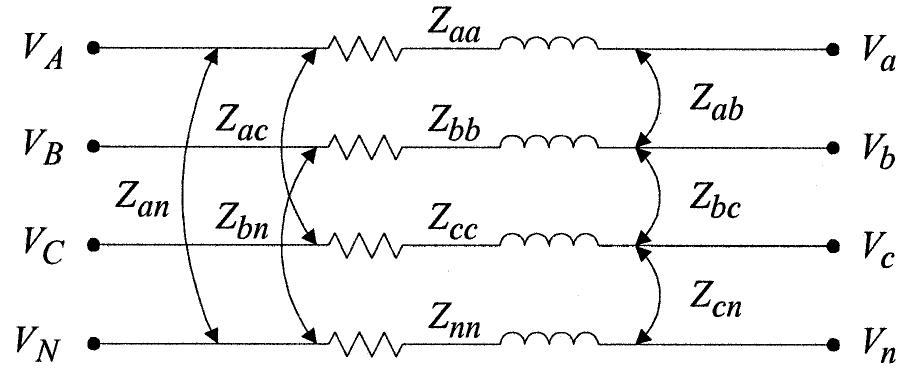 Three-phase line section model. carson and lewis [2]. a 4 x