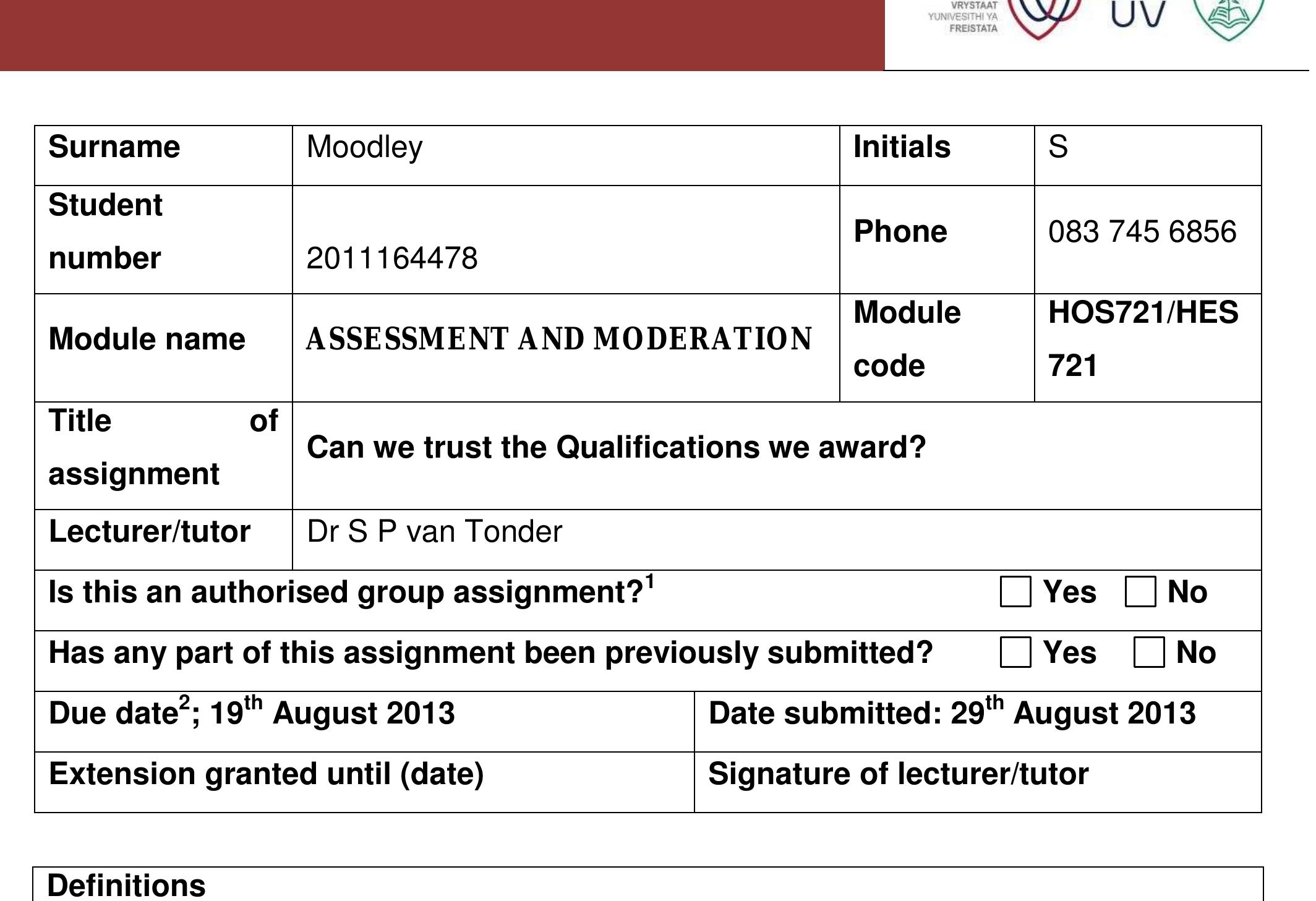 Figure 1 - Assessment and Moderation in Higher Education