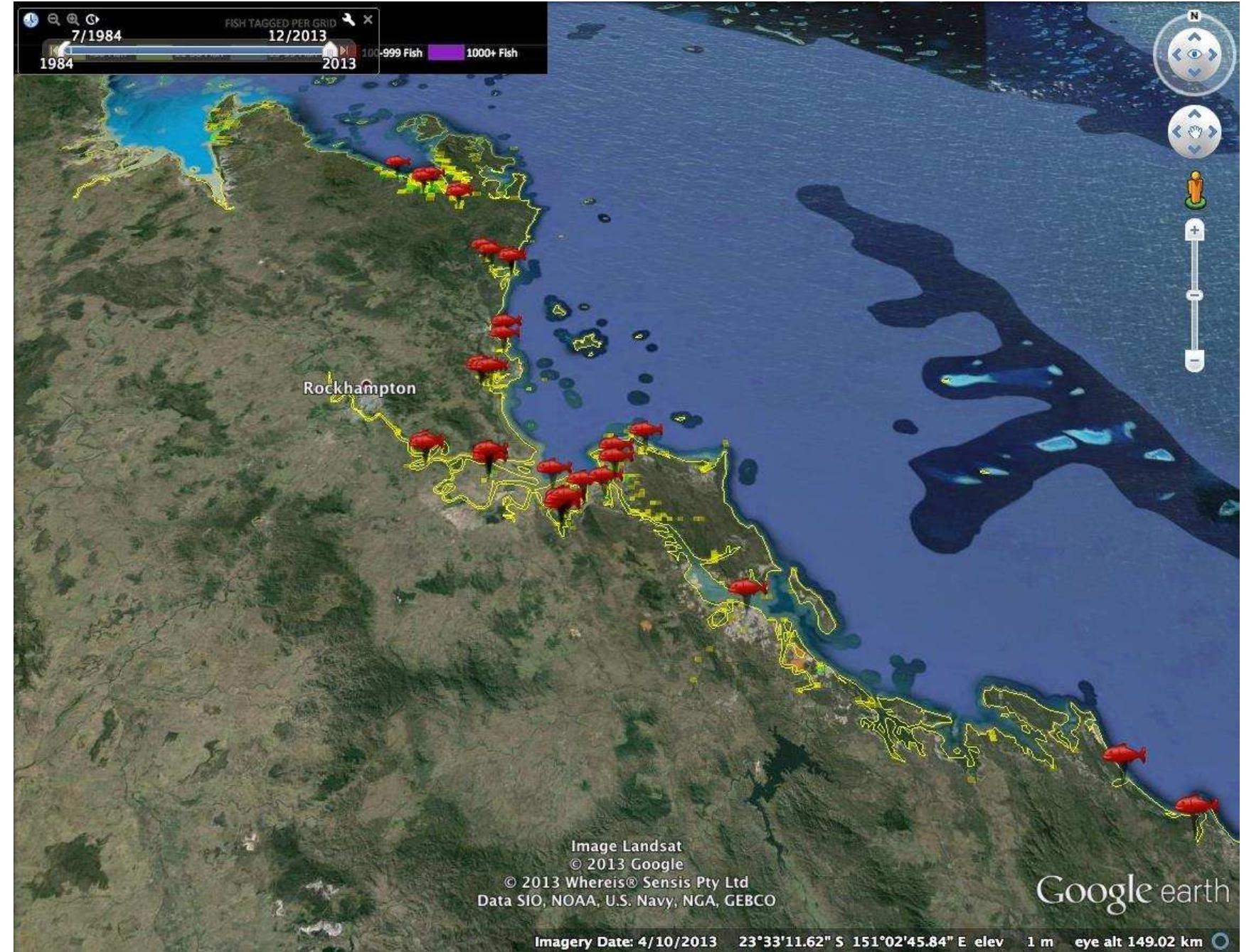 19 google earth map showing where golden snapper were tagged