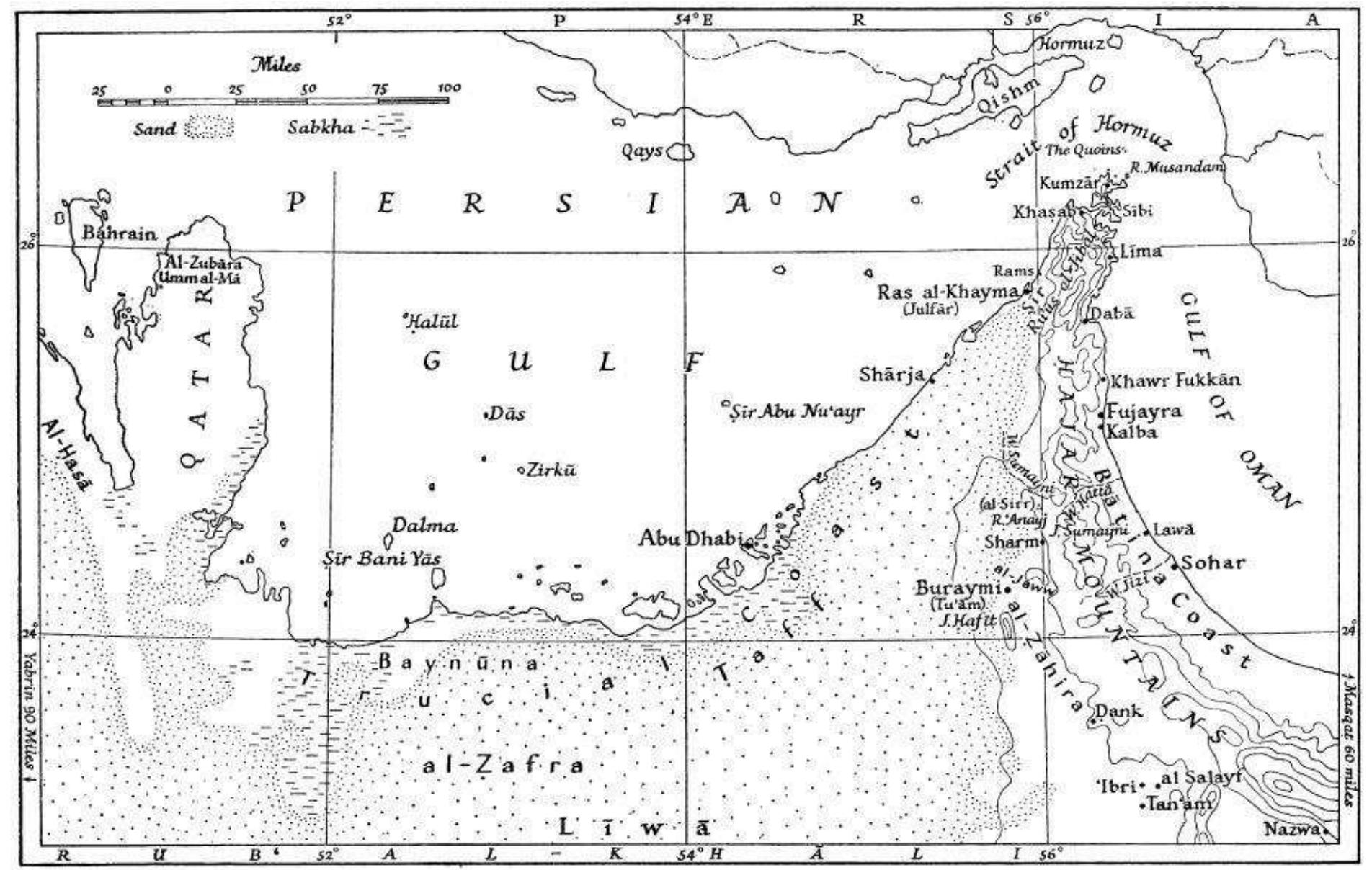 Map of the omani peninsula before the creation of the uae