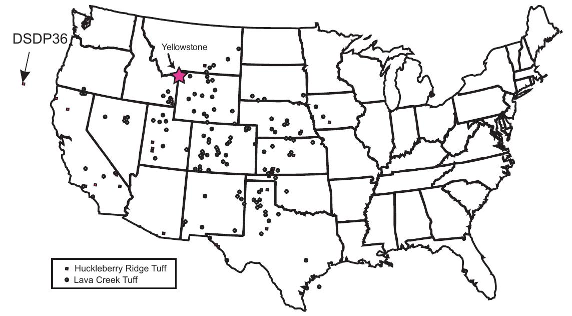 Location of sites where distal ashes from the huckleberry