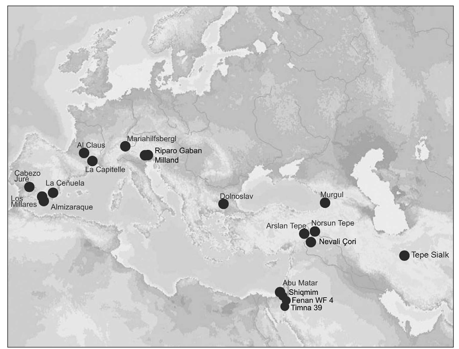 Map showing the chalcolithic copper-smelting sites reviewed.