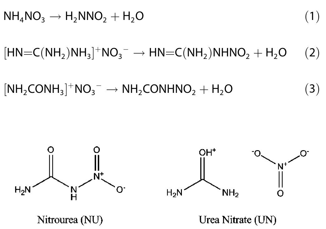 Chemical structures of nitrourea (nu) and urea nitrate (un).