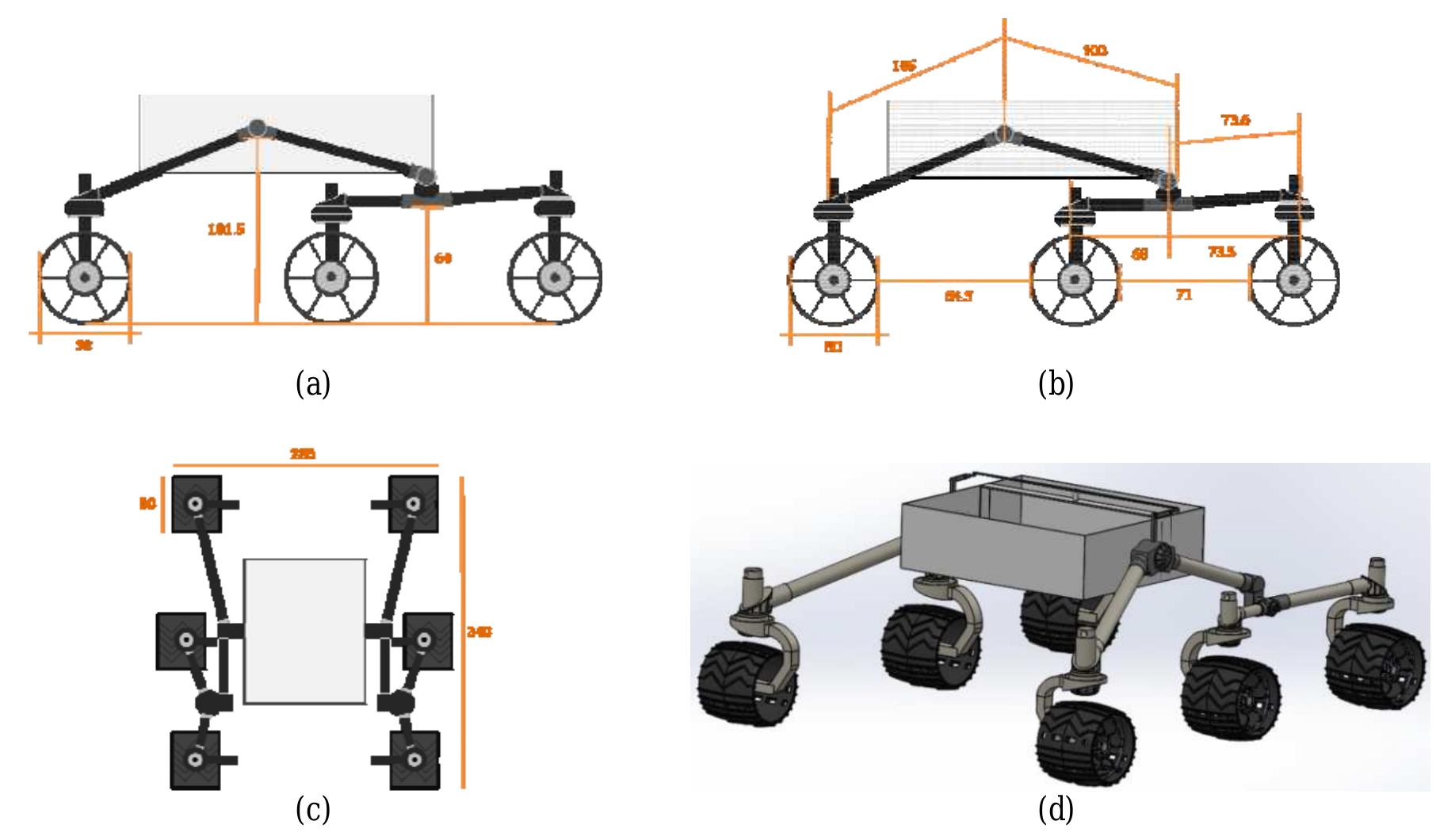 Dynamic rocker-bogie simulation model dimensions