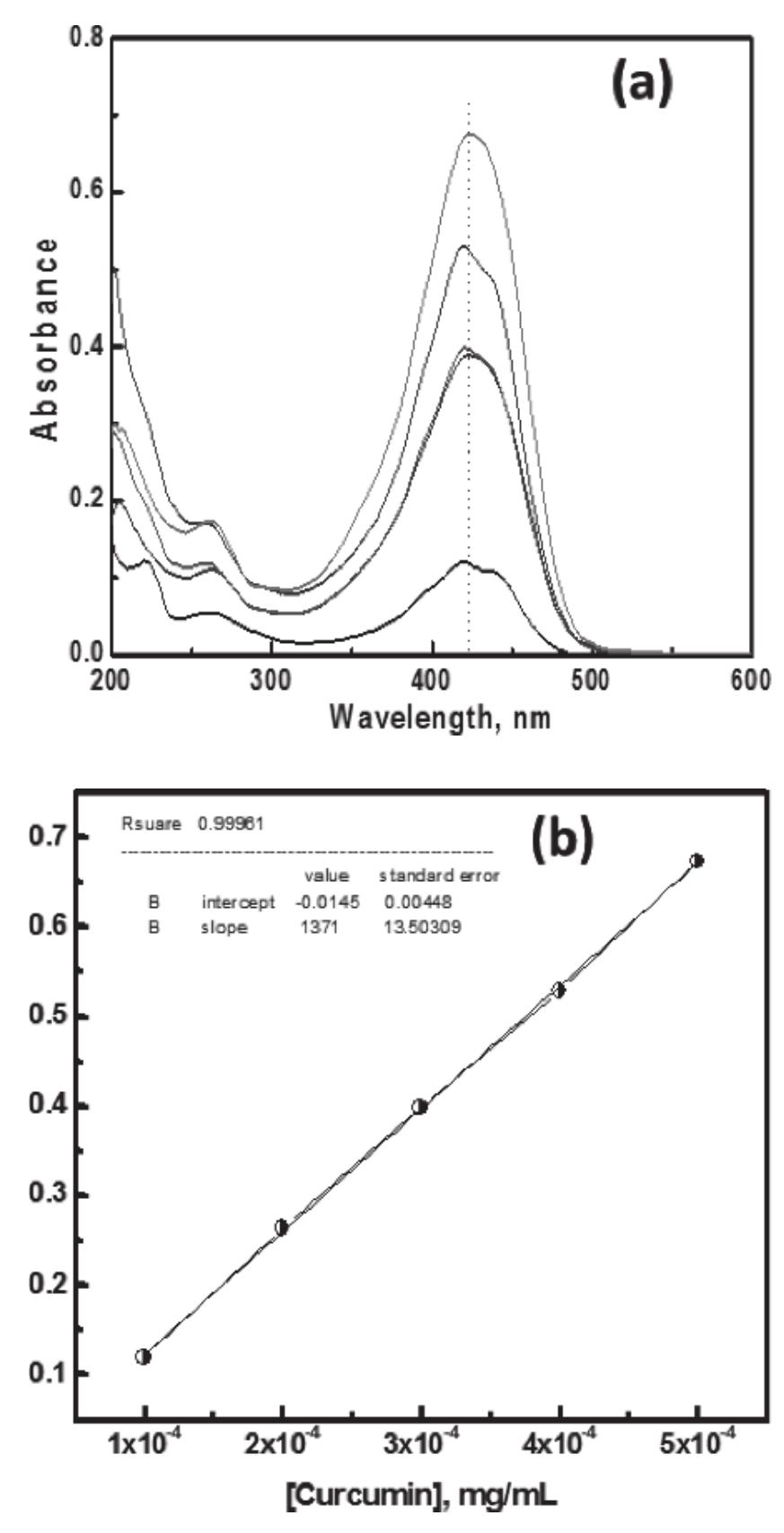 (a) uv-visible spectra of blank curcumin in ethanol-water