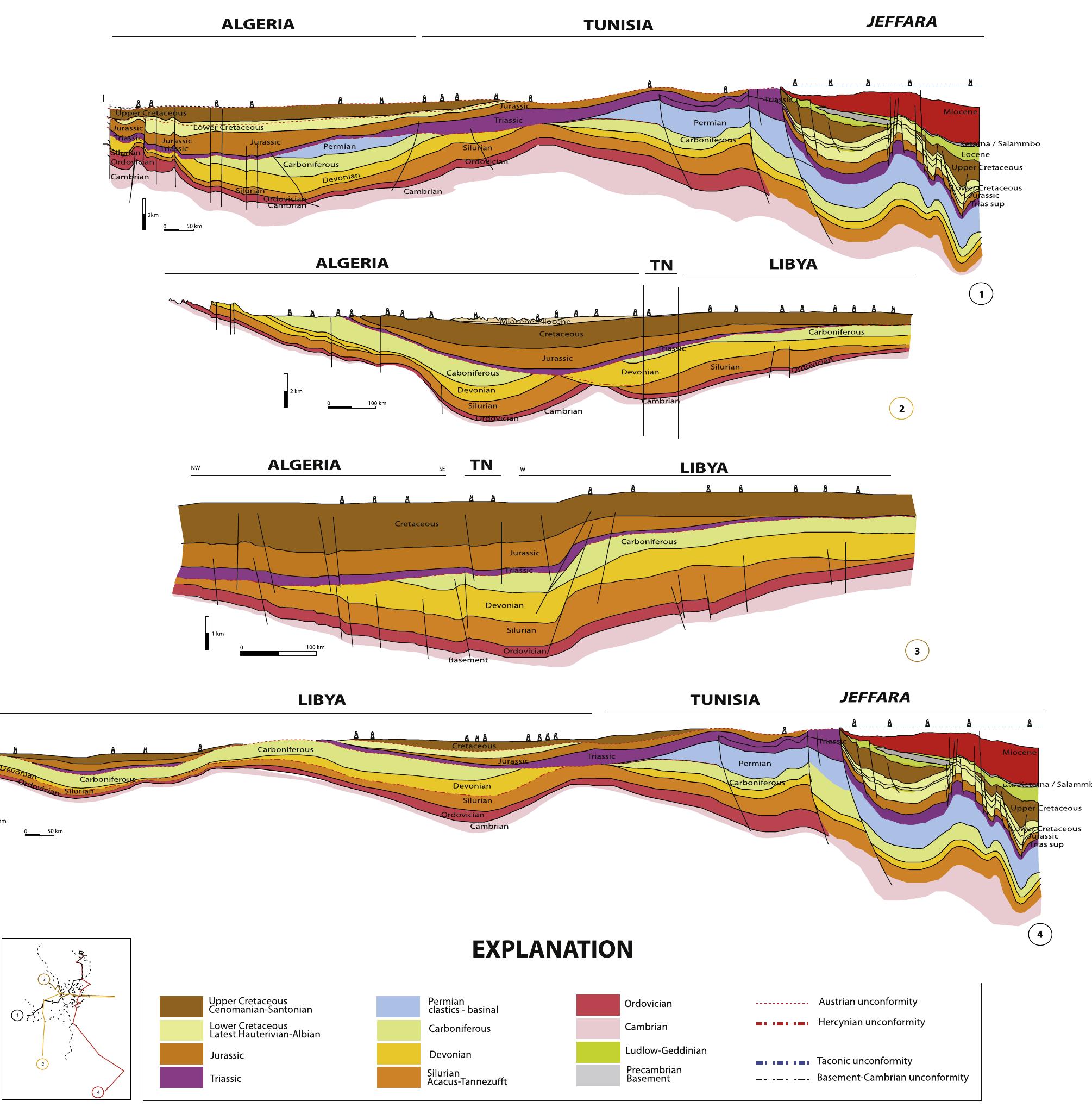 Four differently oriented geoseismic cross sections showing