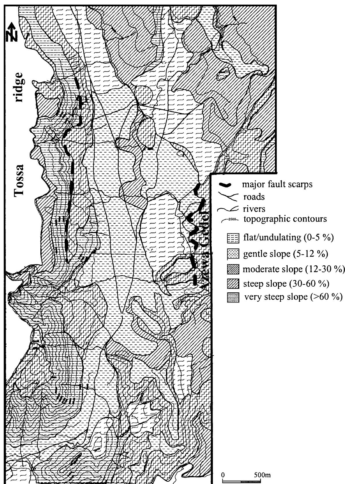 Simplified slope map. very steep slopes are on fractured