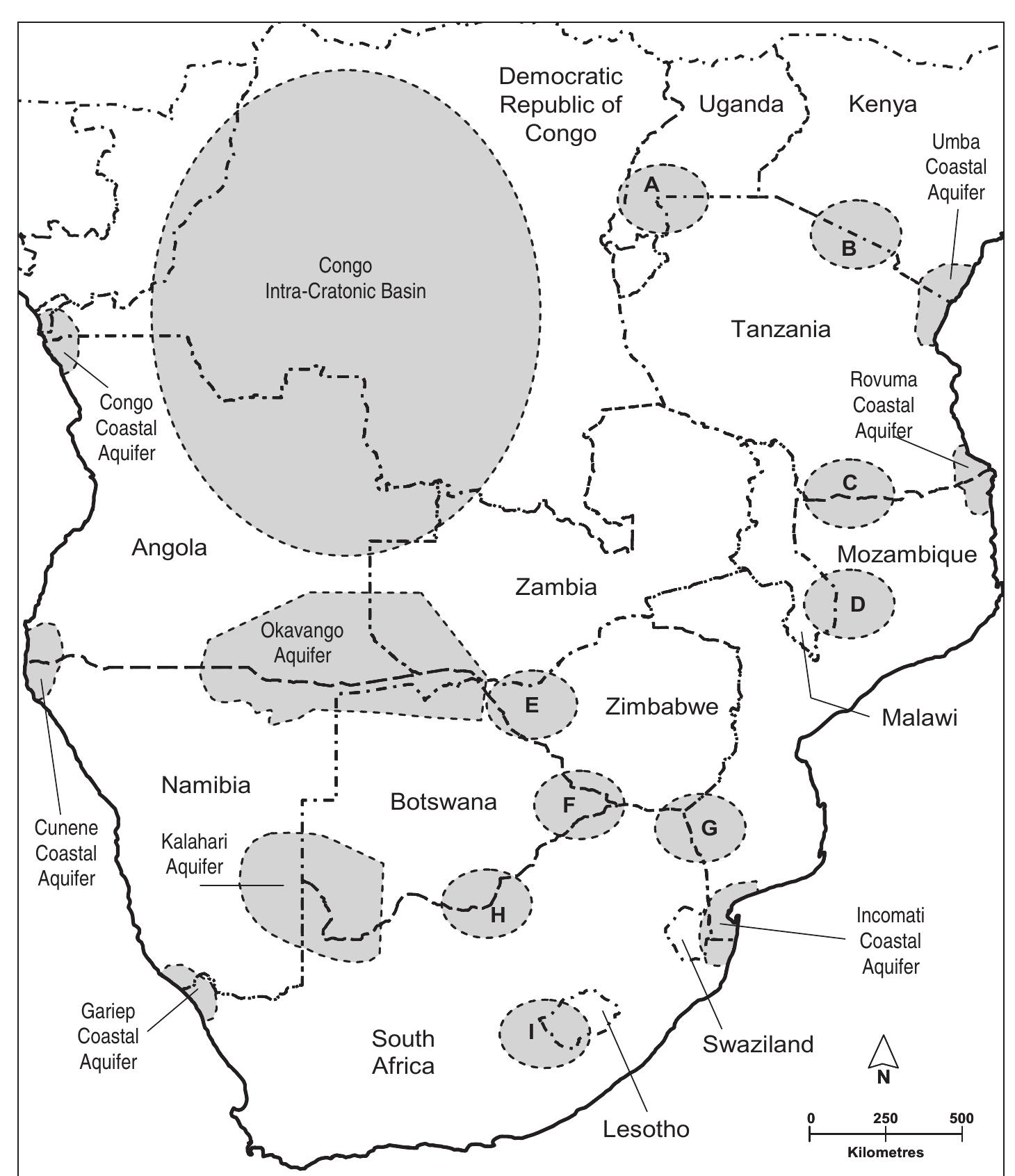 Map of southern africa, showing the international (shared)