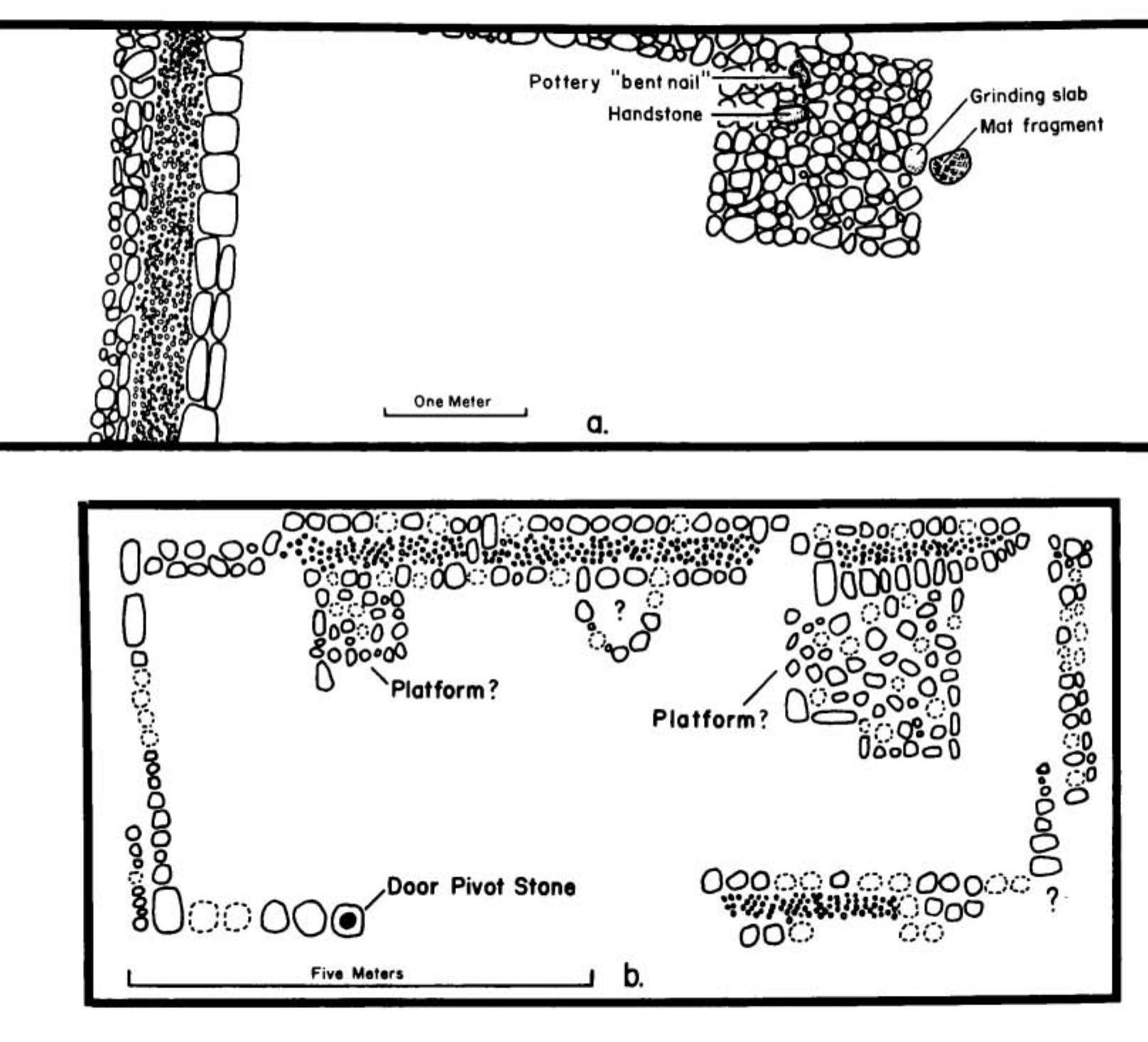 Mehmeh phase houses: a, pebble and cobble wall foundations