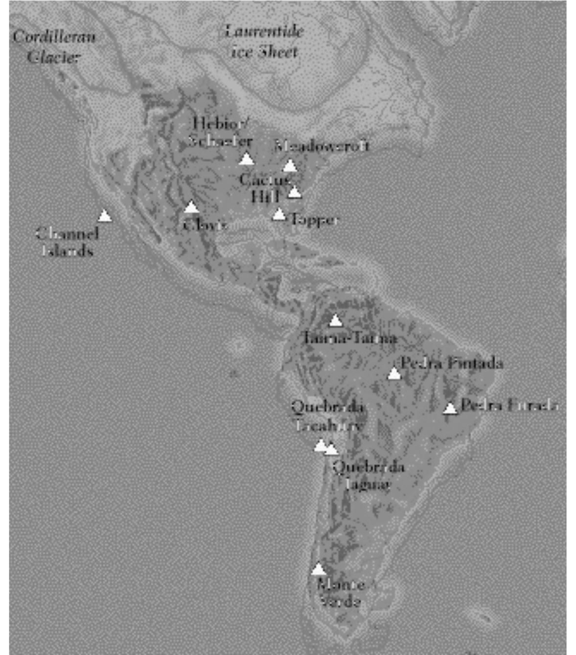 Map of some pre-clovis sites in the americas, showing their