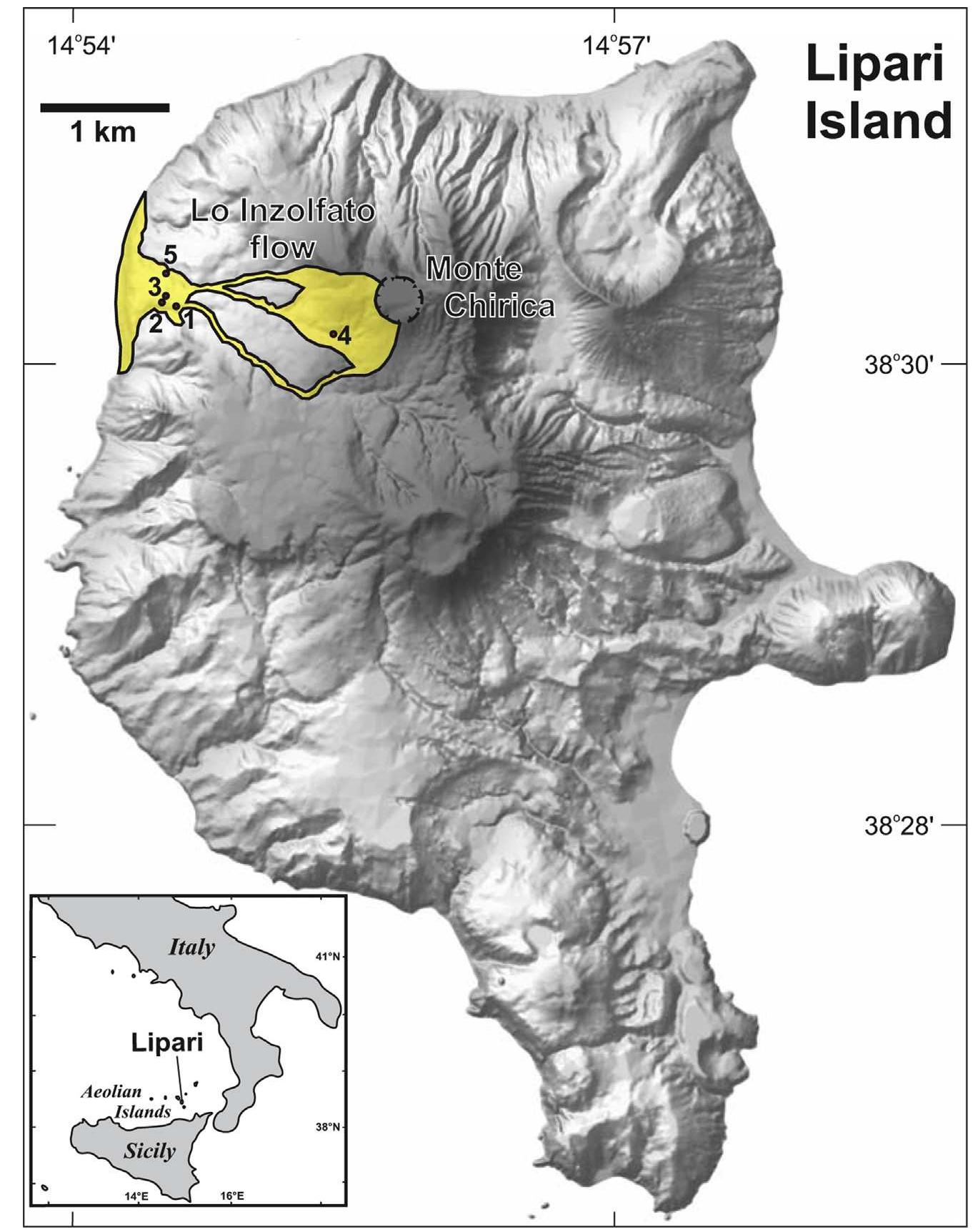 Map of lipari island highlighting the lo inzolfato lava flow