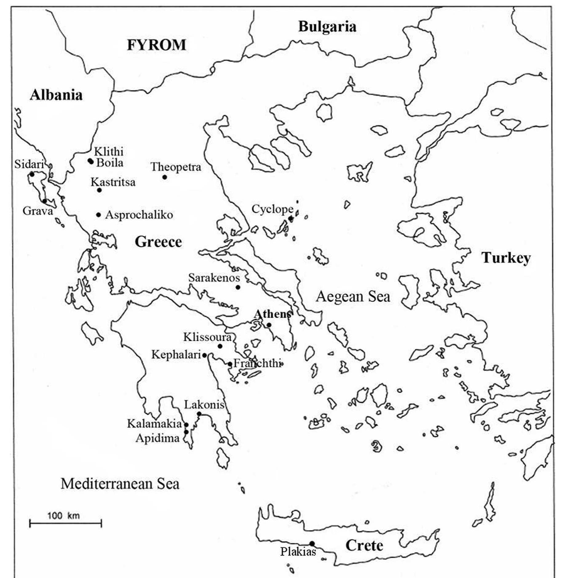 Map of greece showing key paleolithic sites.