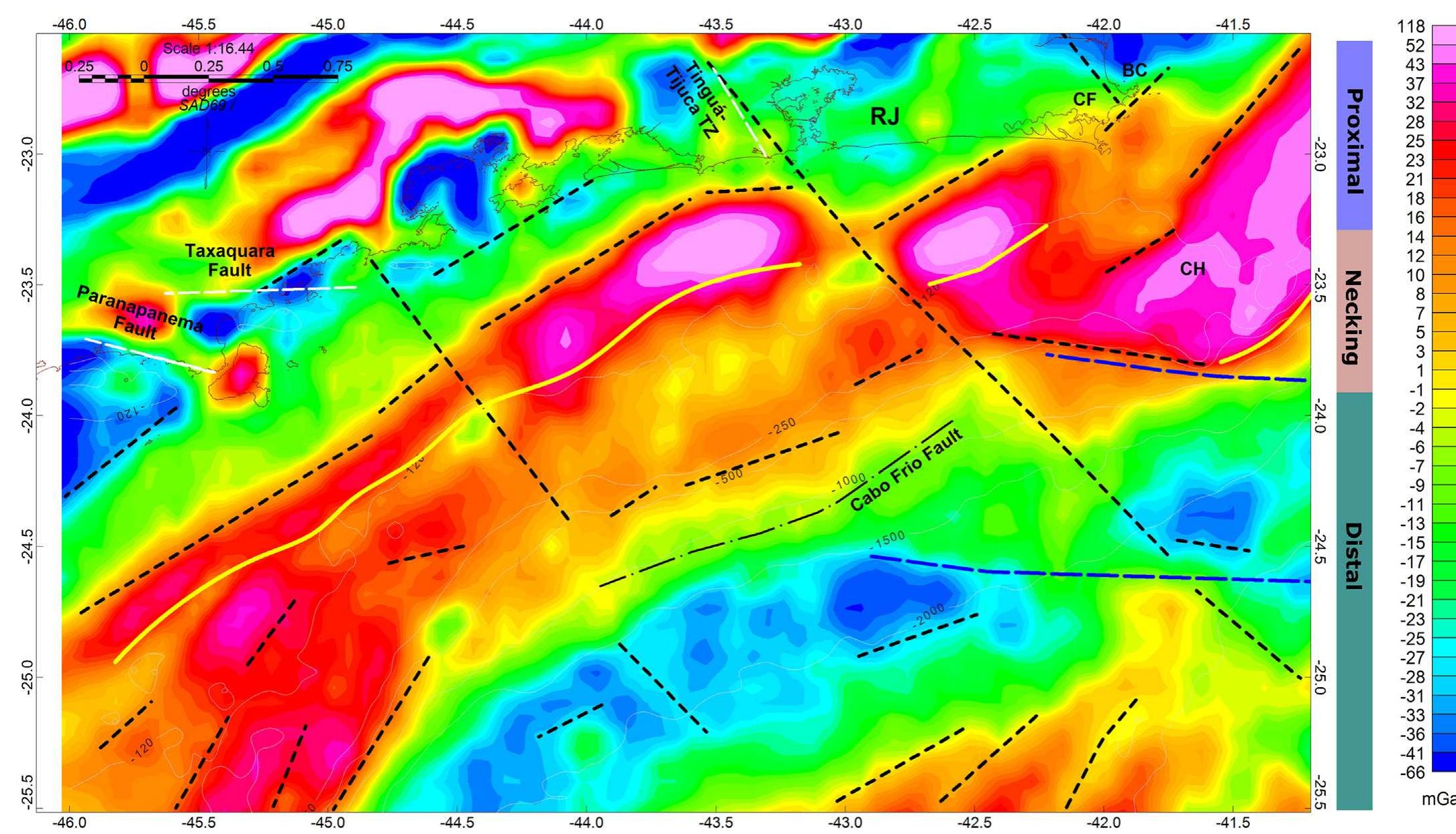 Free-air gravity anomaly map of santos basin. black dotted
