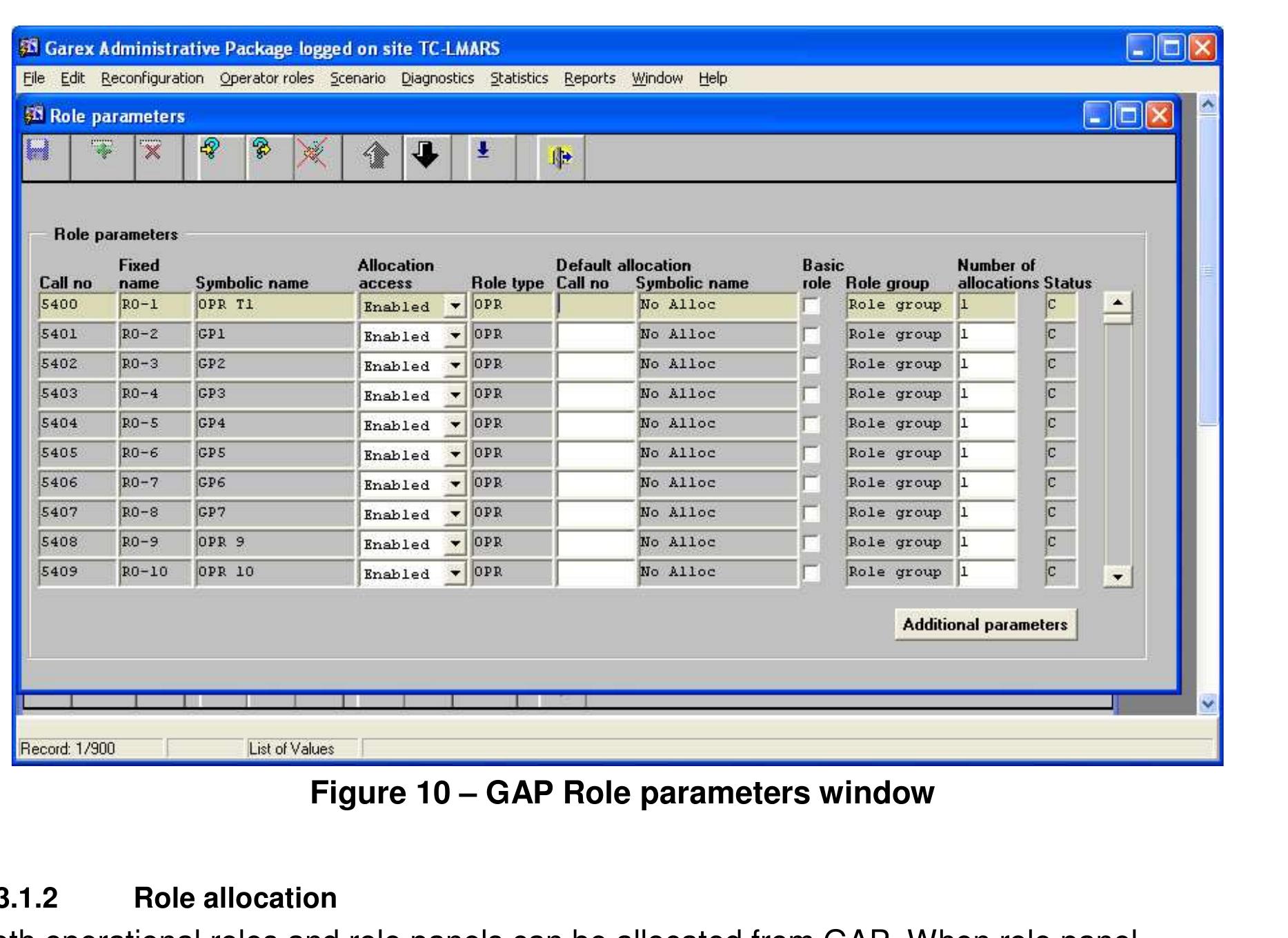 The gap’s role parameters window is shown below. the