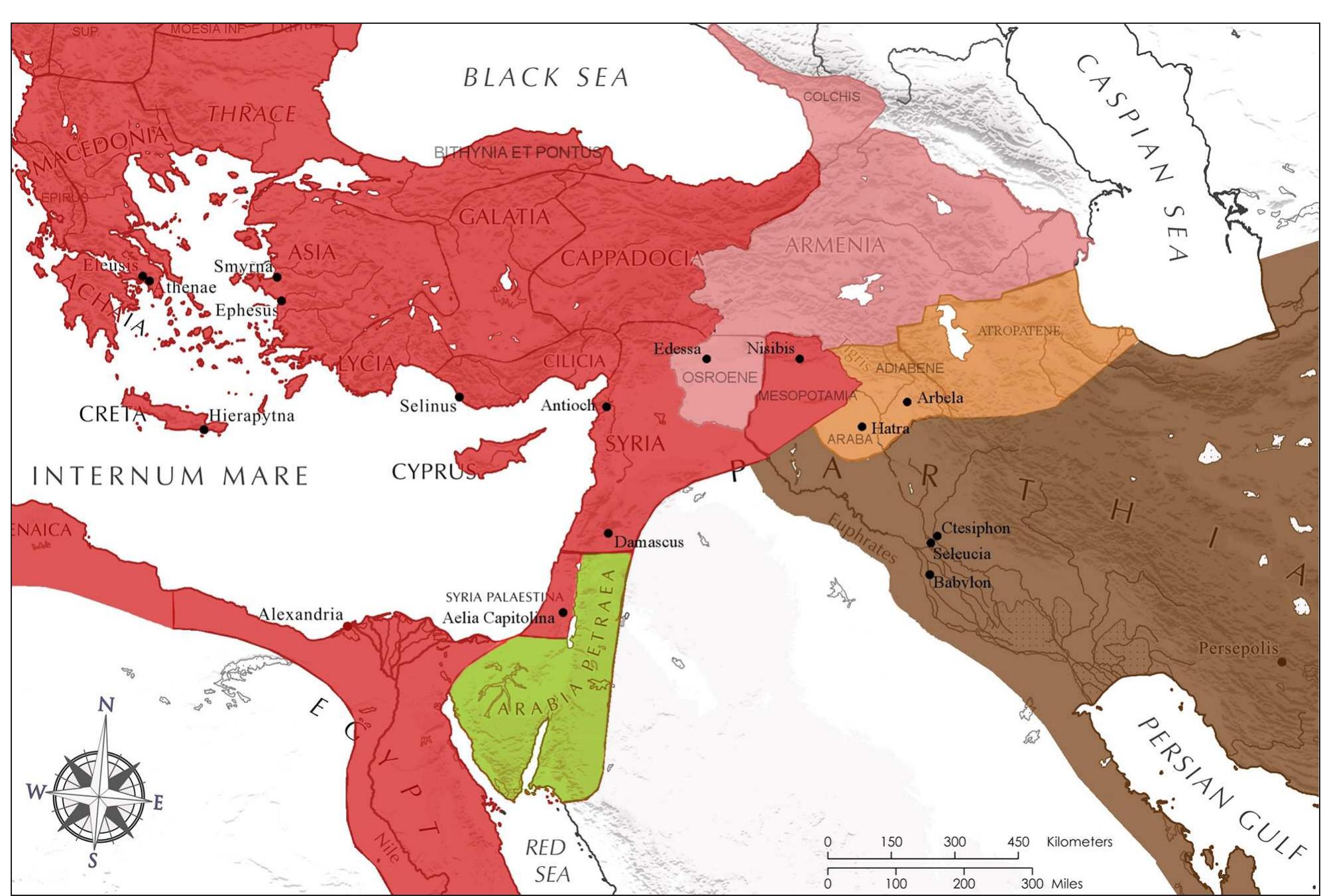 Map of the eastern part of the roman empire in 107 ad. the