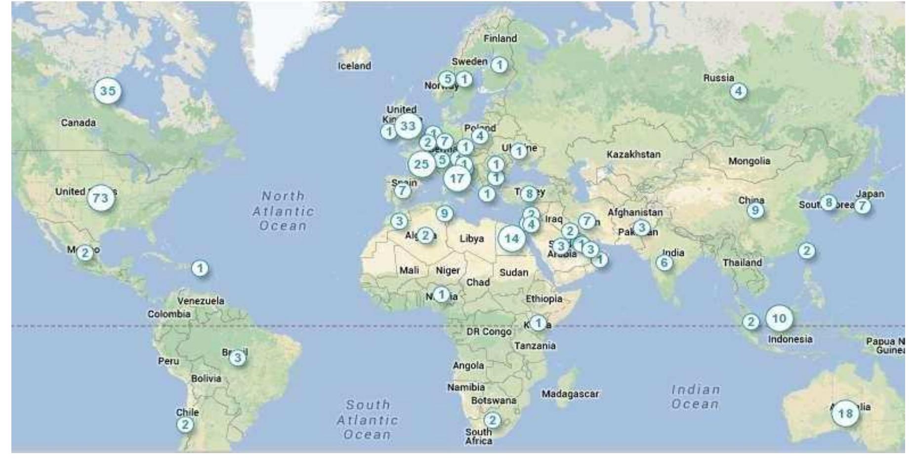 World map of research output collaboration as of dec 31,