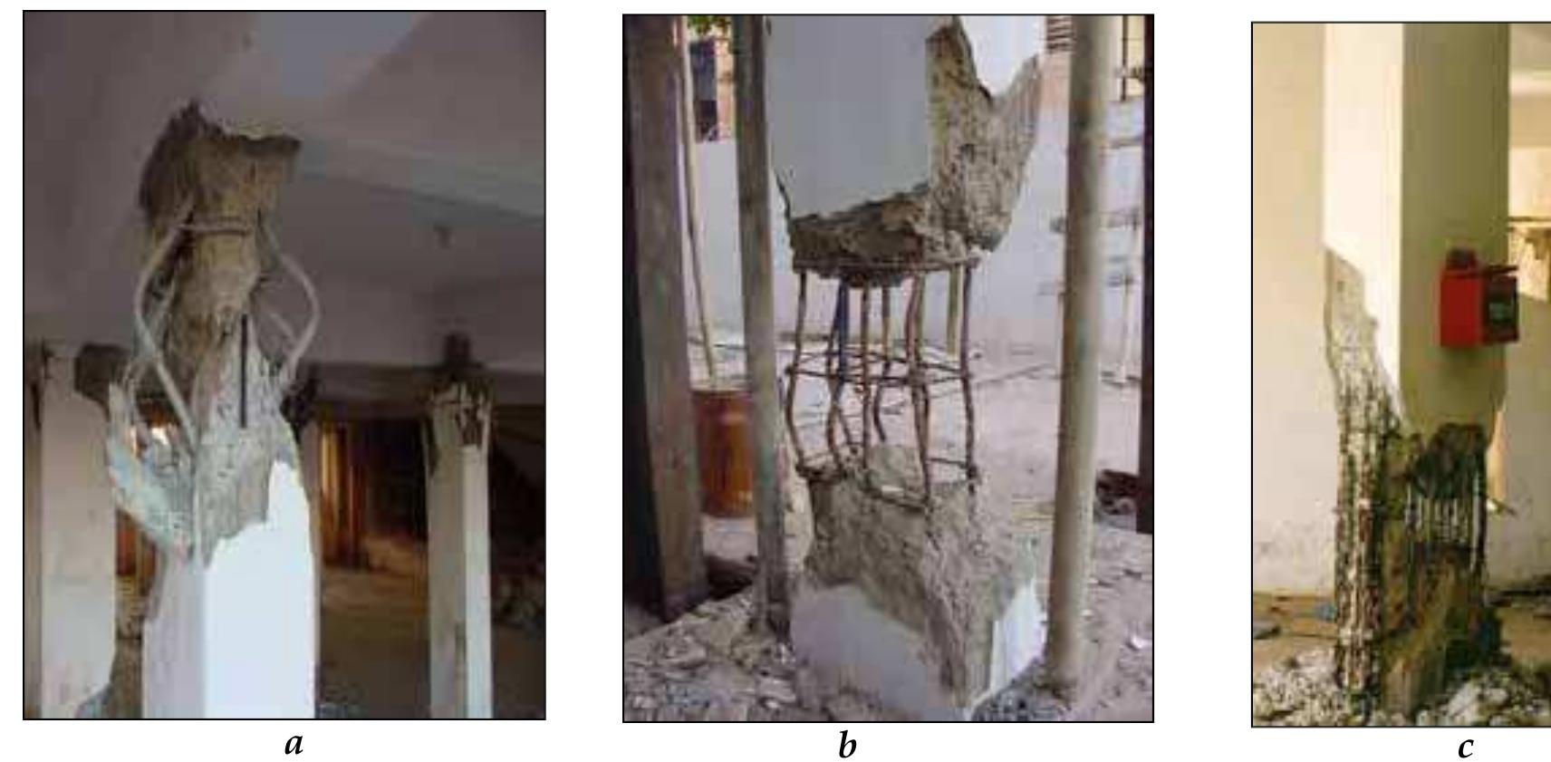 Examples of column failure: (a) buckling of vertical column