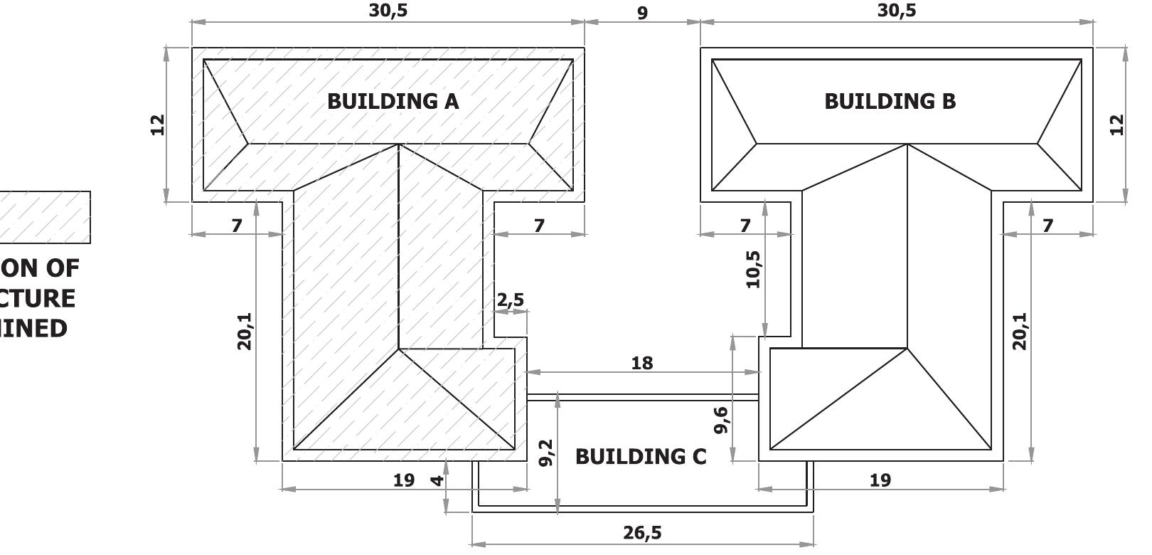 Plan layout of the sample as-built building (dimensions in