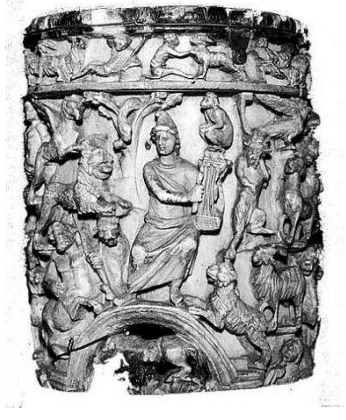 11: ivory pyxis showing orpheus in phrygian dress playing