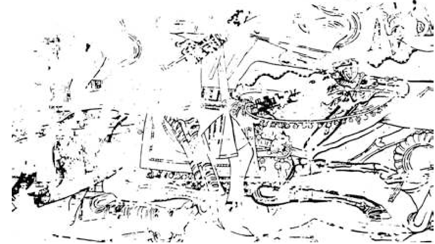 Penjikent, citadel. line drawing of a mural with a hunting