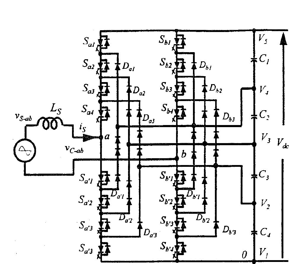A diode-clamp 5-level converter circuit diagram.