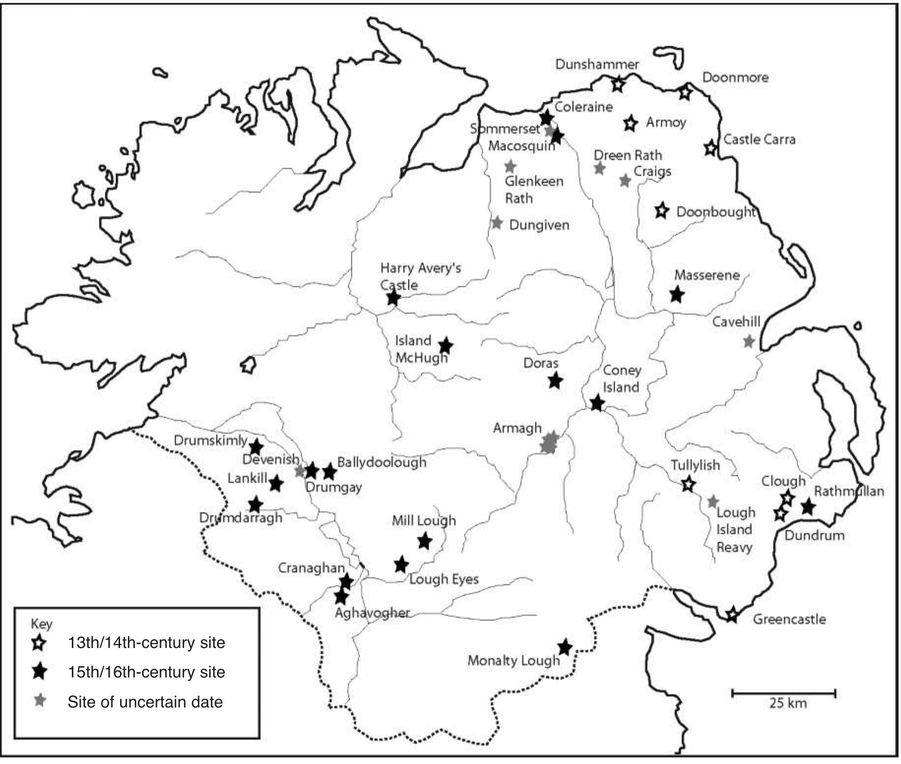 —map of ulster, showing sites studied and the approximate