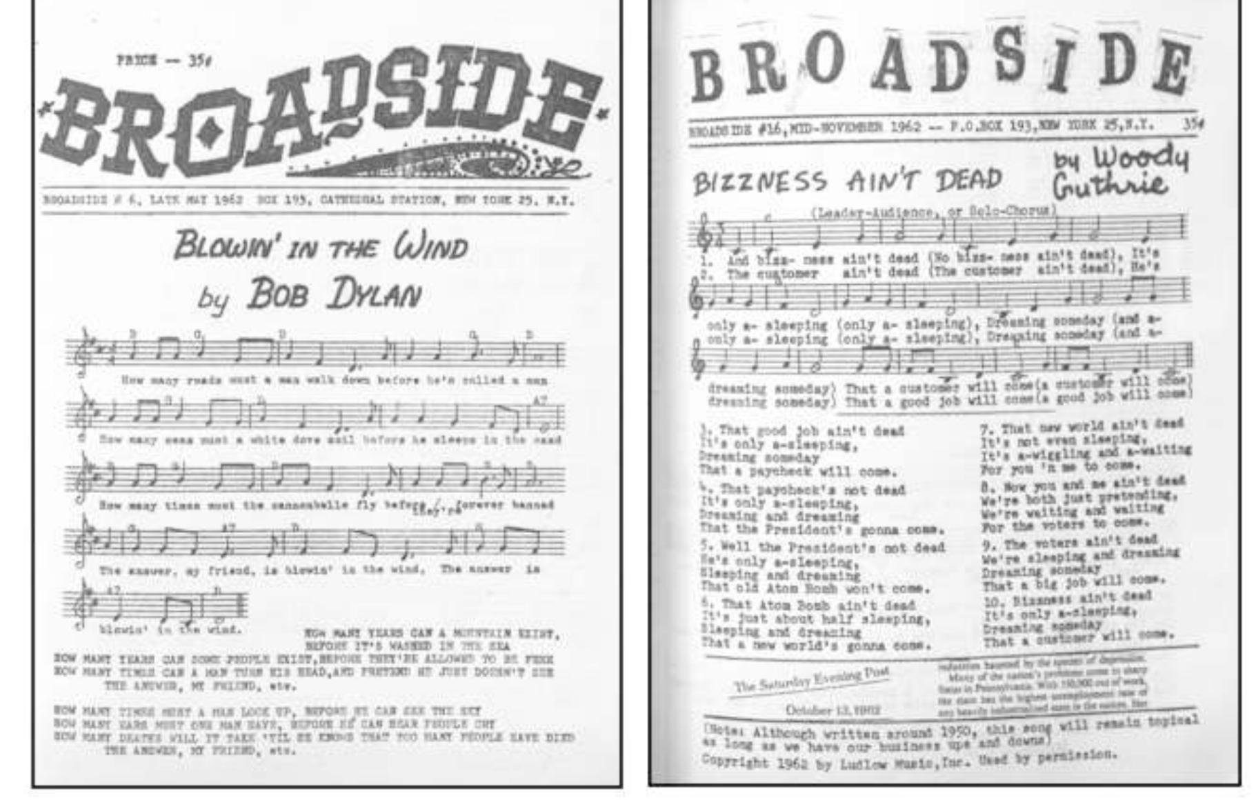 1. two covers of broadside magazine, featuring bob dylan’s