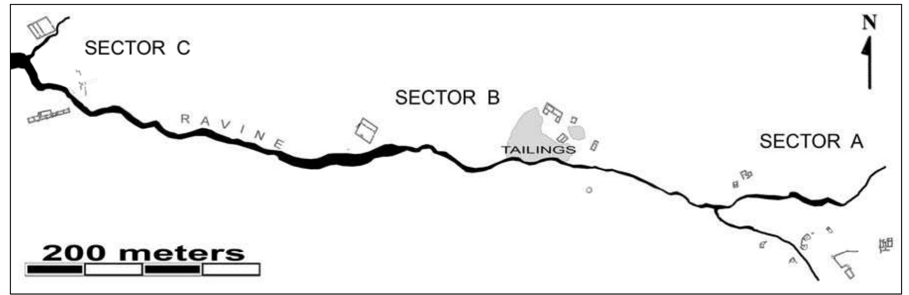 Map of the three sectors of the sora sora mine complex. near
