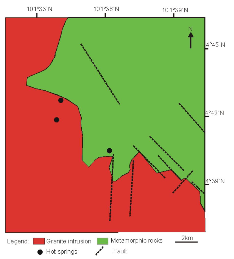 Geologic map of the lojing area shows the locations of hot