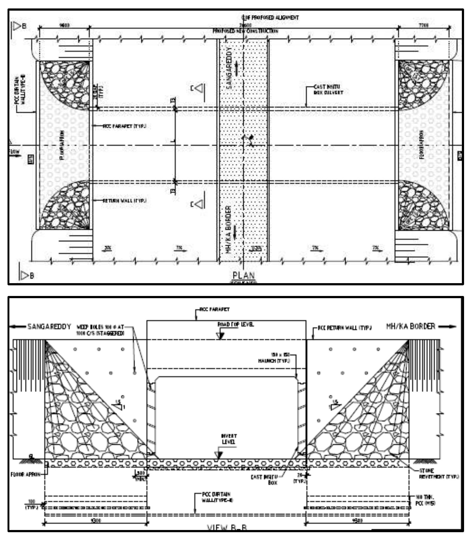 Plan and sectional elevation of a box culvert