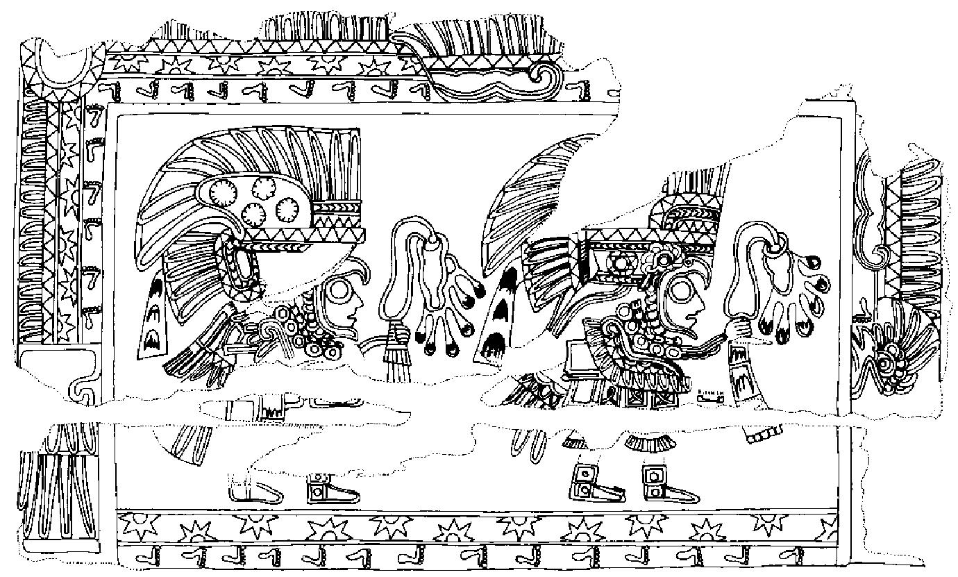 14. teotihuacan, zona 5-a compound. line drawing of warriors