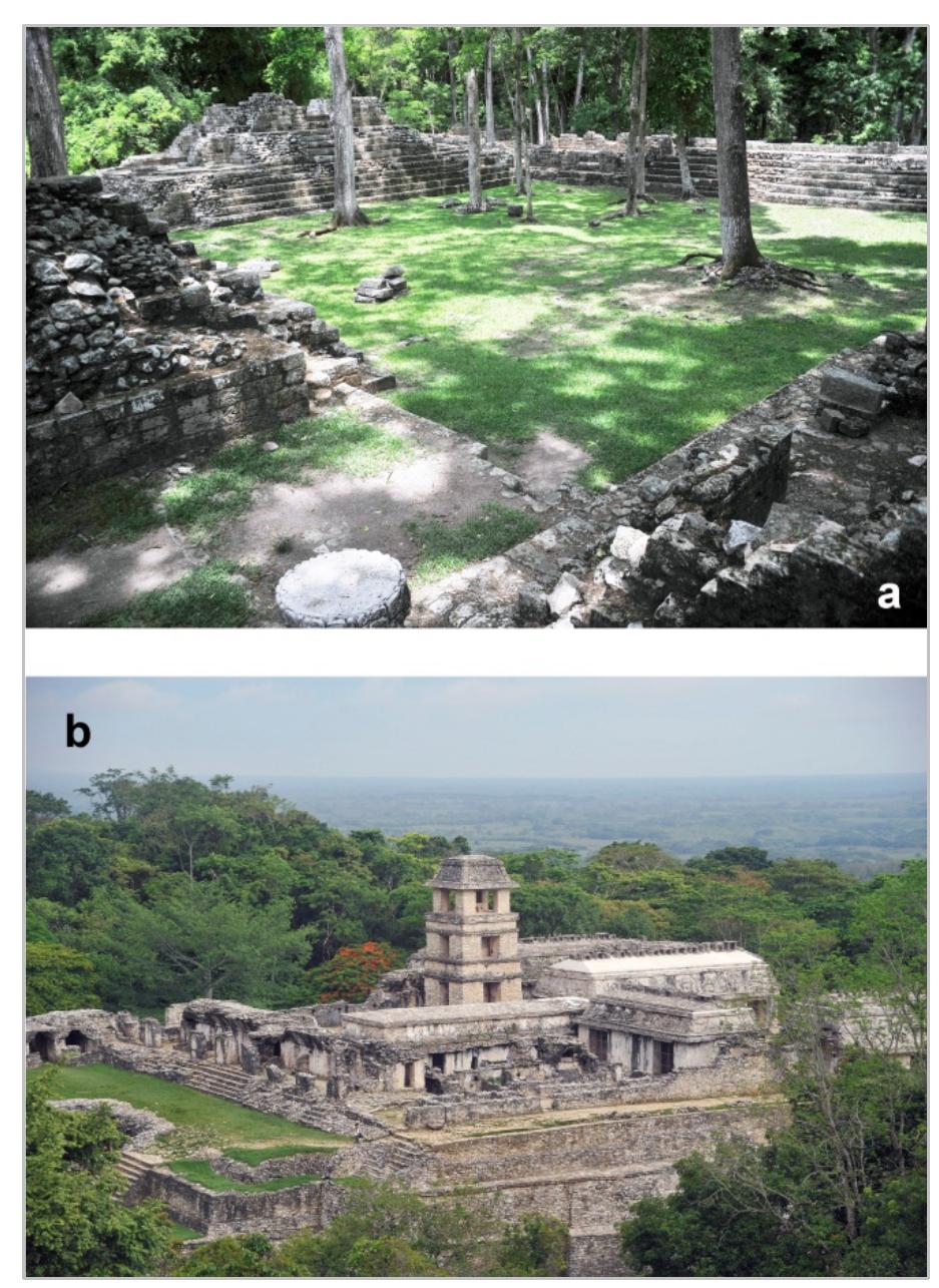 Two maya palaces: (a) copan group 10l~-2; (b) palenque