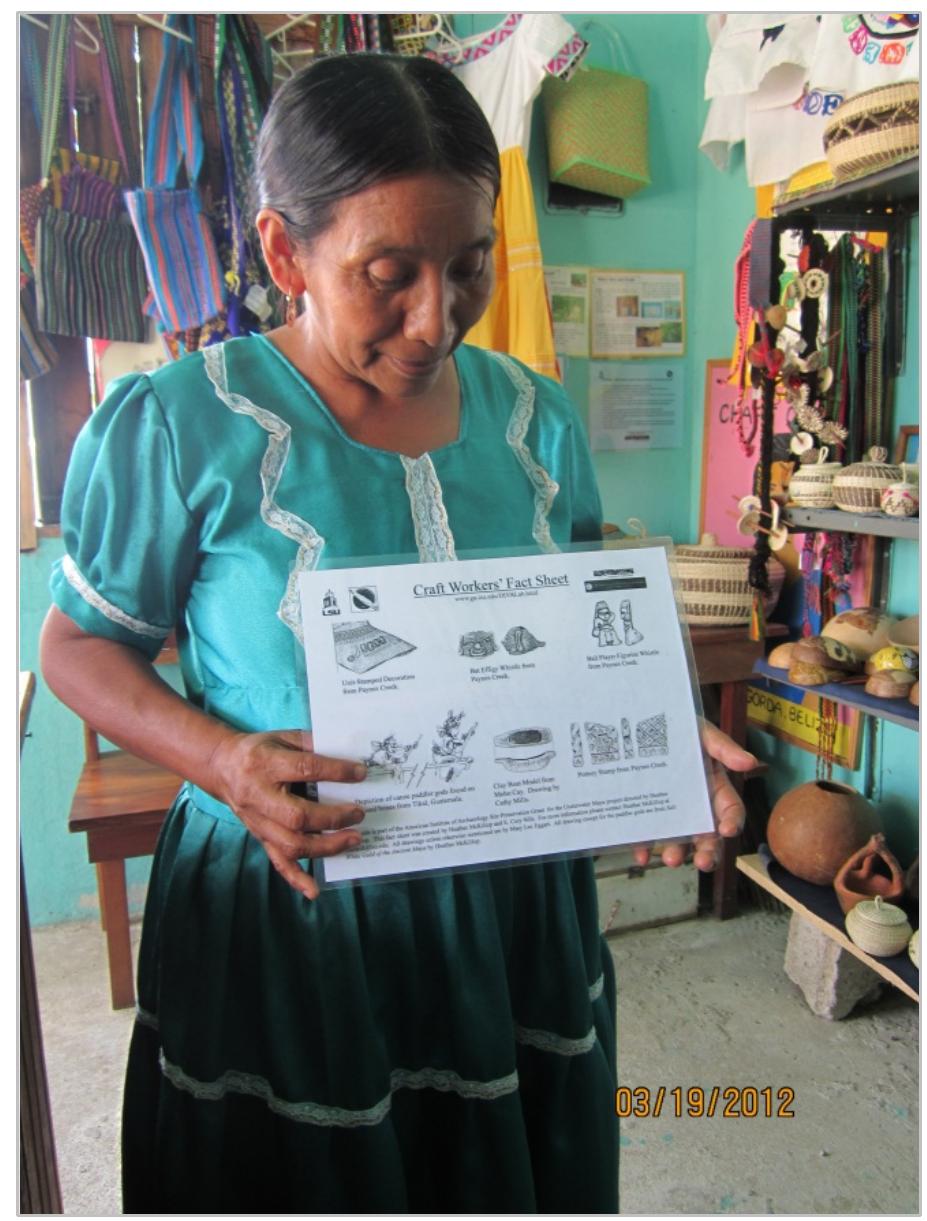 Maya craft worker with design fact sheet, maya women’s