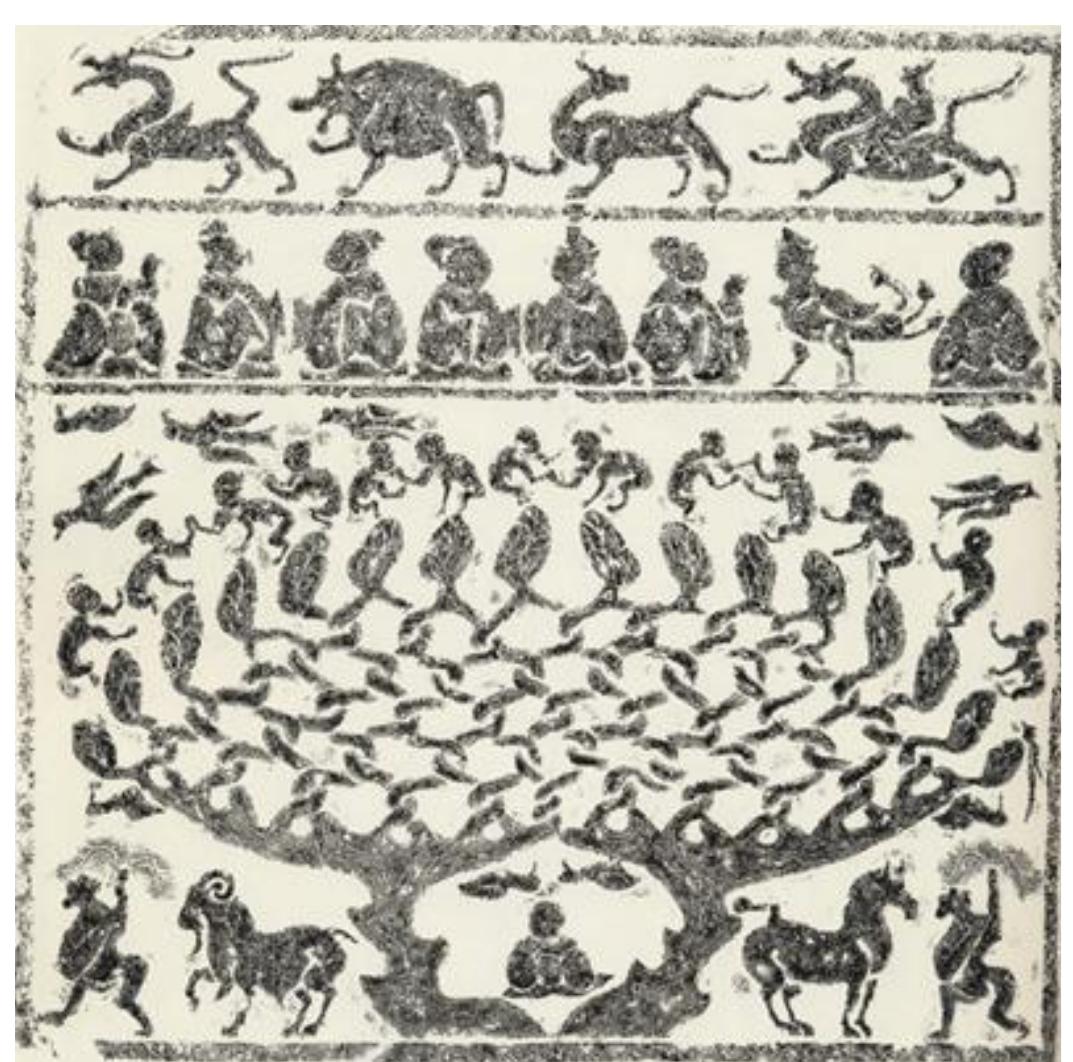 Shooting monkeys under trees, eastern han dynasty. rubbing