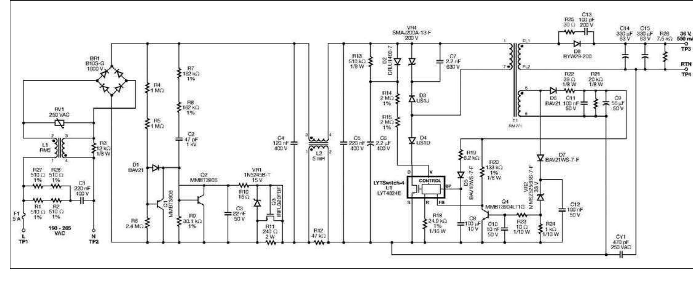 Schematic of an isolated, triac dimmable, high power factor,
