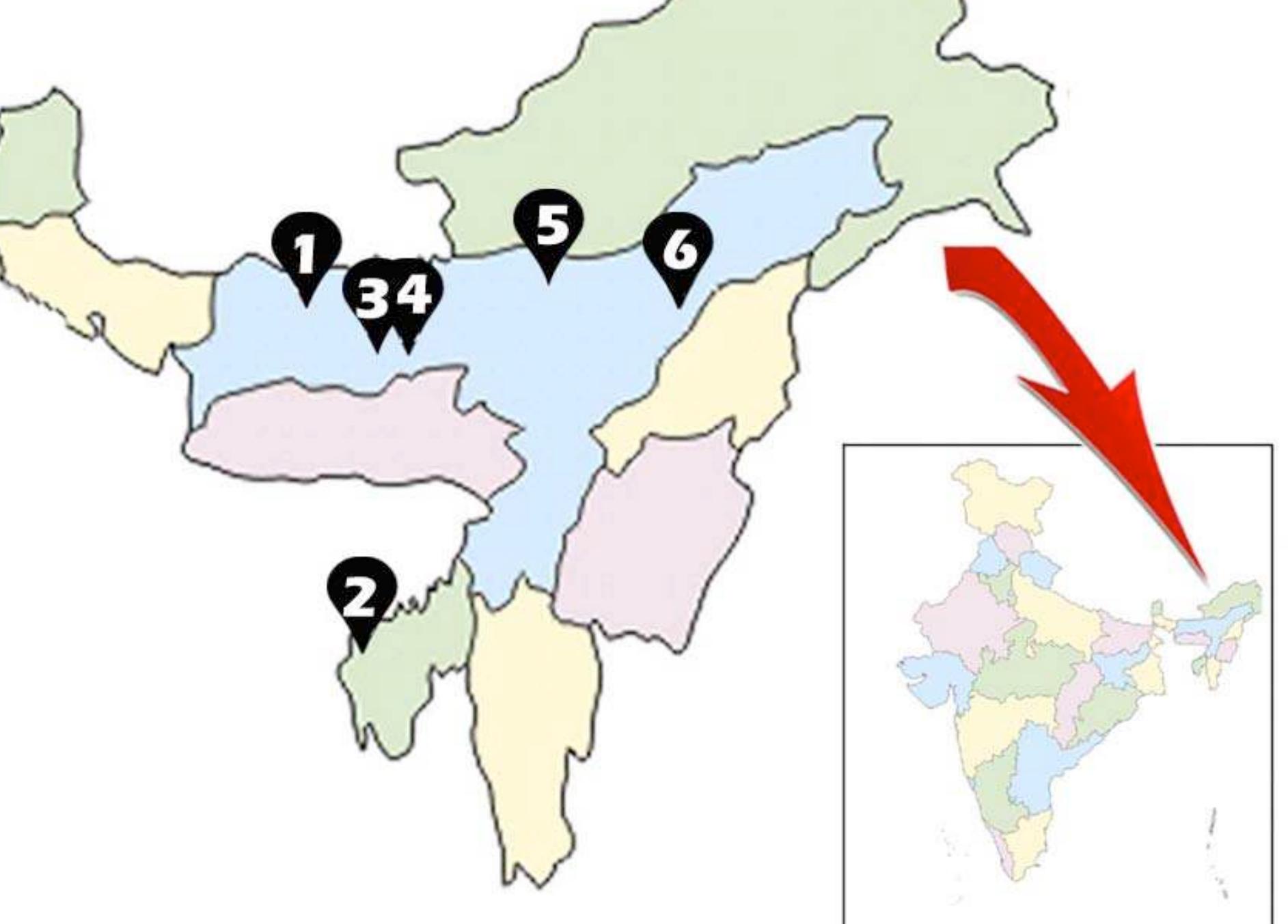 A figure showing the map of northeastern india with marked