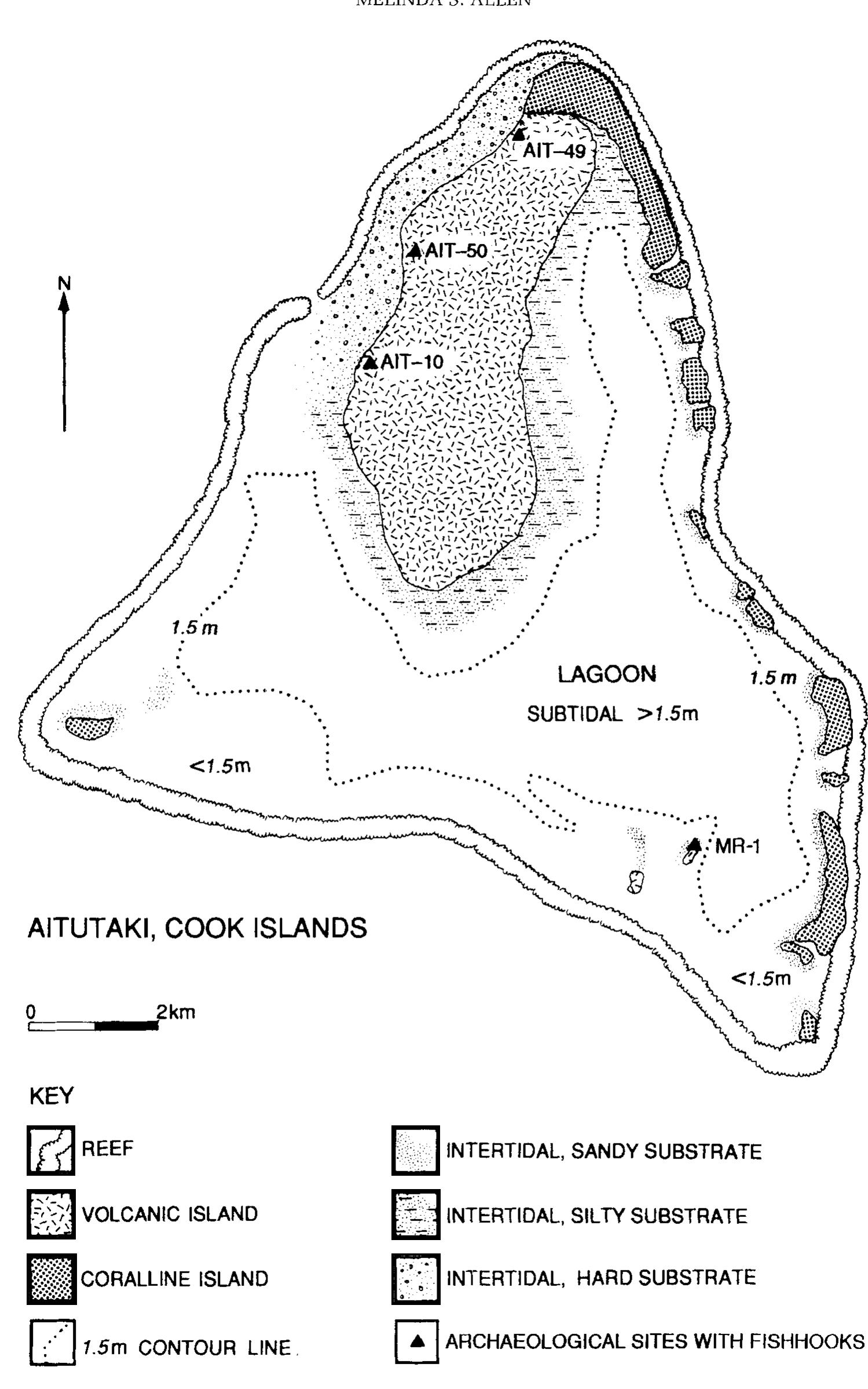 , map of aitutaki, cook islands showing marine habitats and