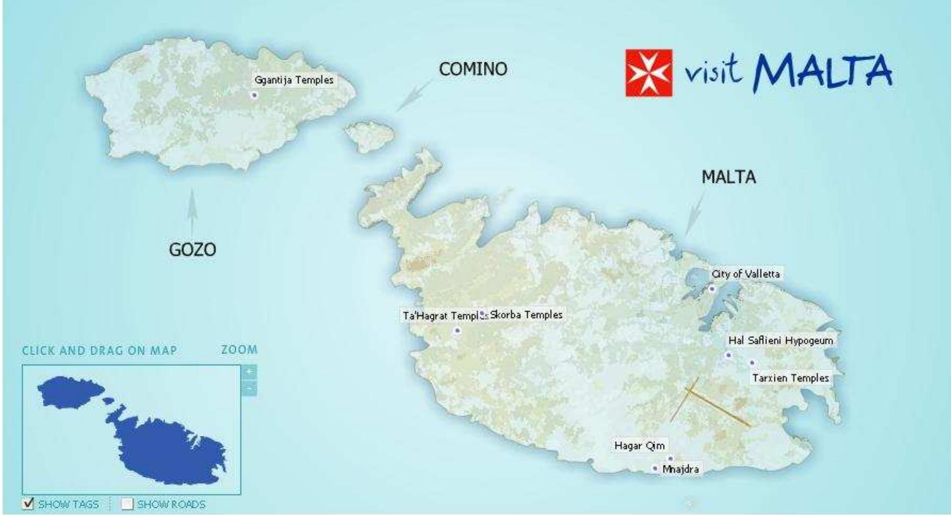 Interactive map of the maltese islands showing location of