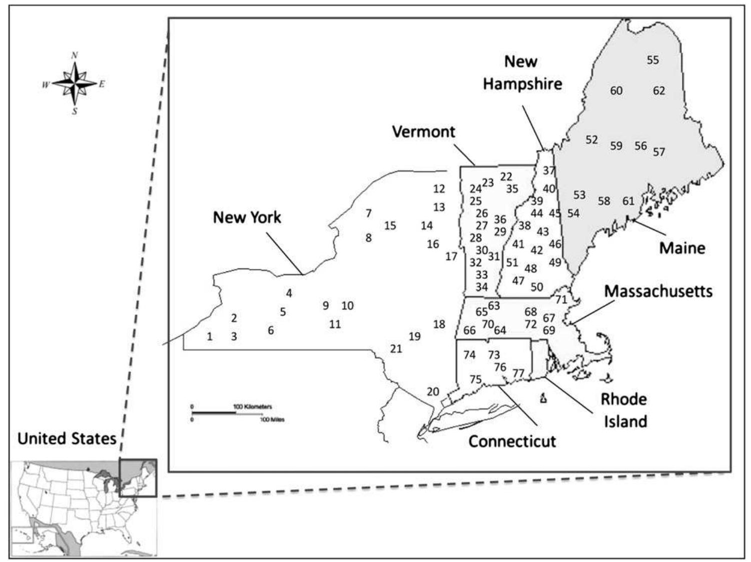 Map of us northeast ski areas. new york (n = 36): 1-peek’n