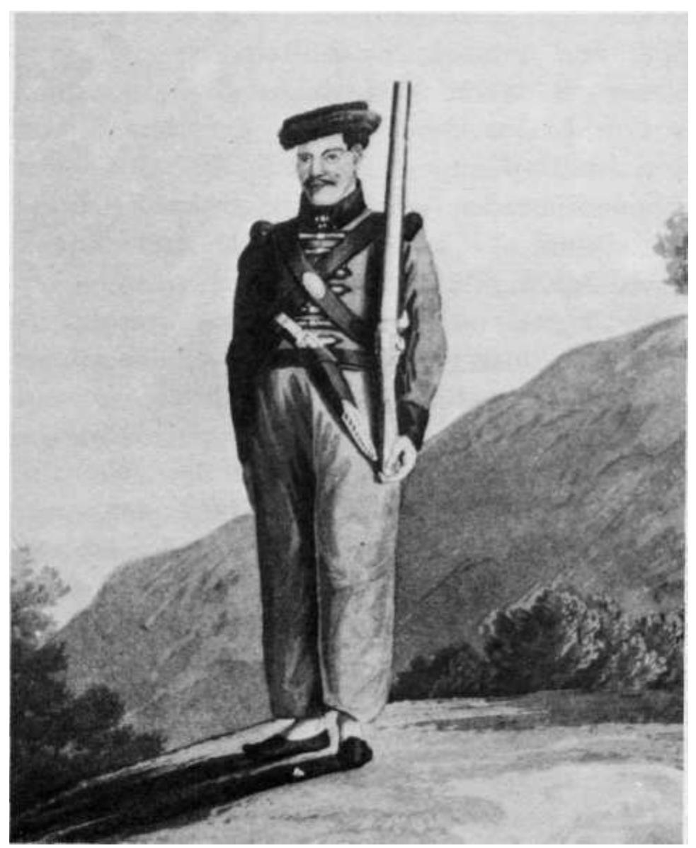 Early gurkha sepoy, c. 1816. the green uniform has black
