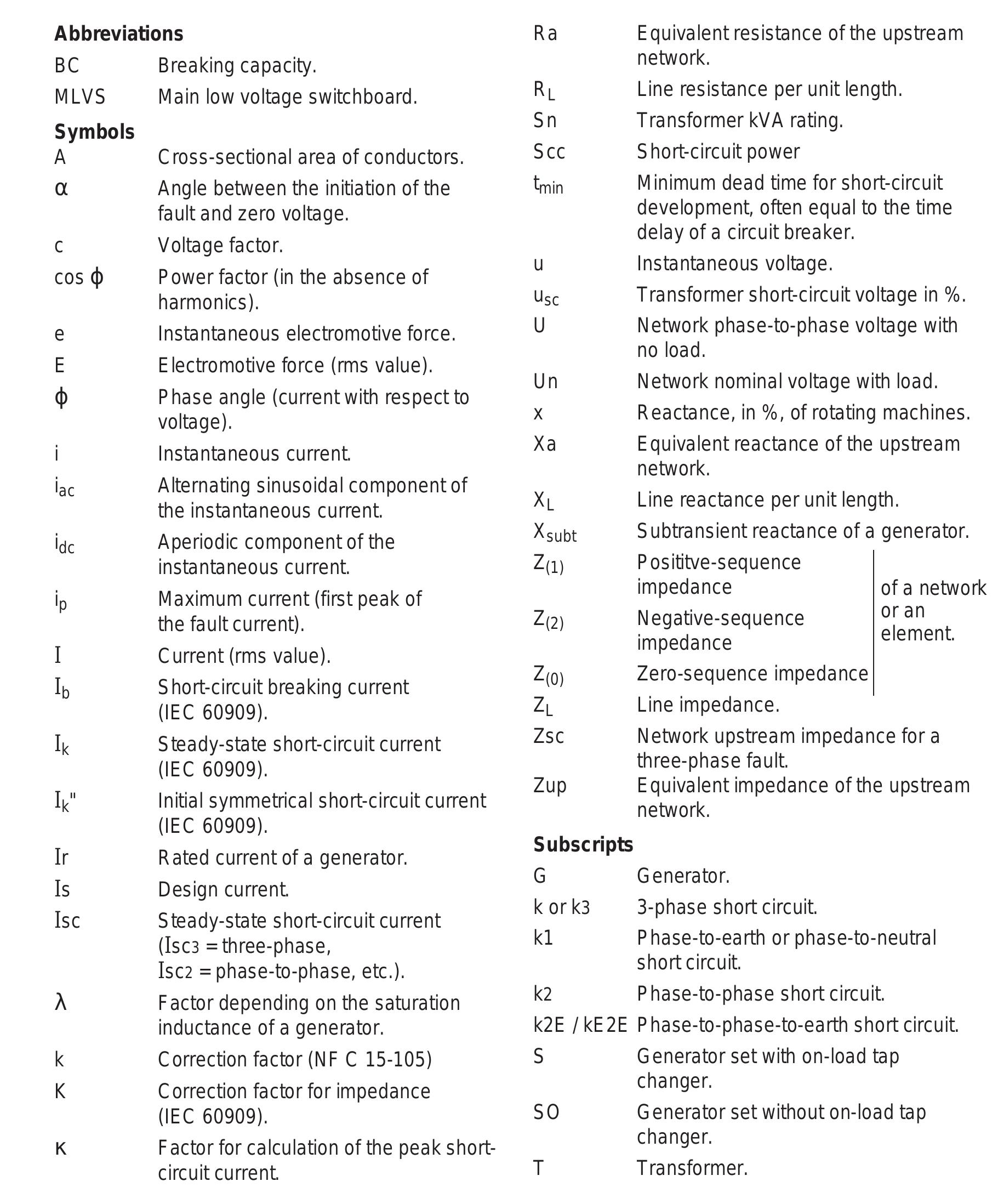 Table 1 - Calculation of short-circuit currents