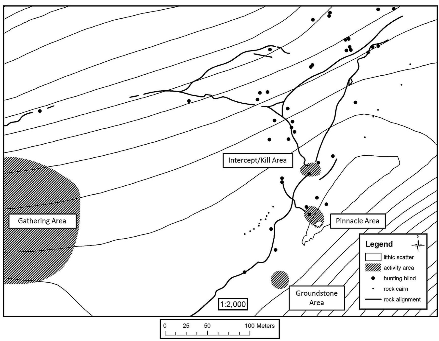 Plan view map of the olson game drive depicting topography,